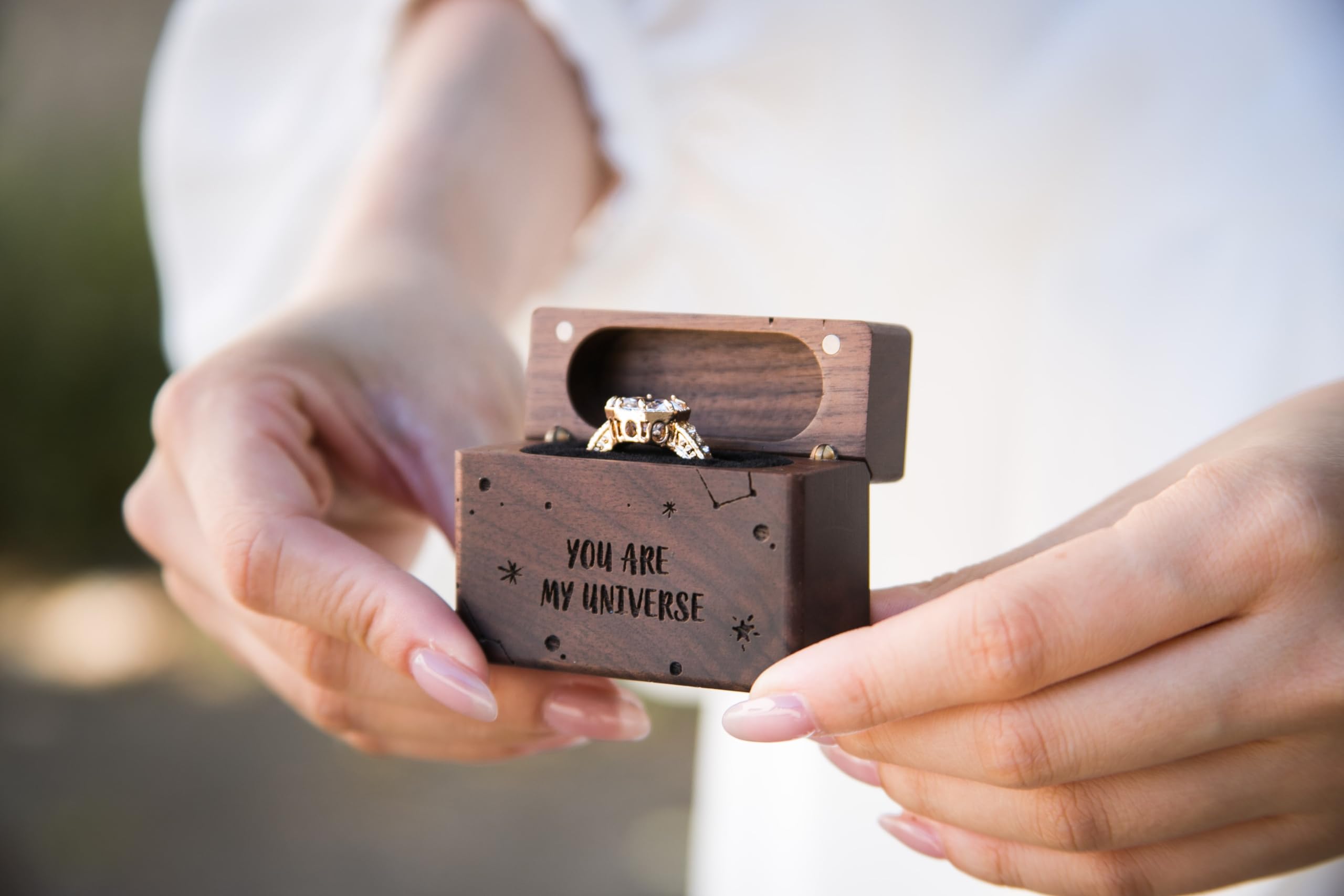 MUUJEE You Are My Universe Engraved Wooden Ring Box, Slim Engagement Proposal Ring Holder, Wedding Ceremony Ring Bearer Box, Fiance Gift Ideas