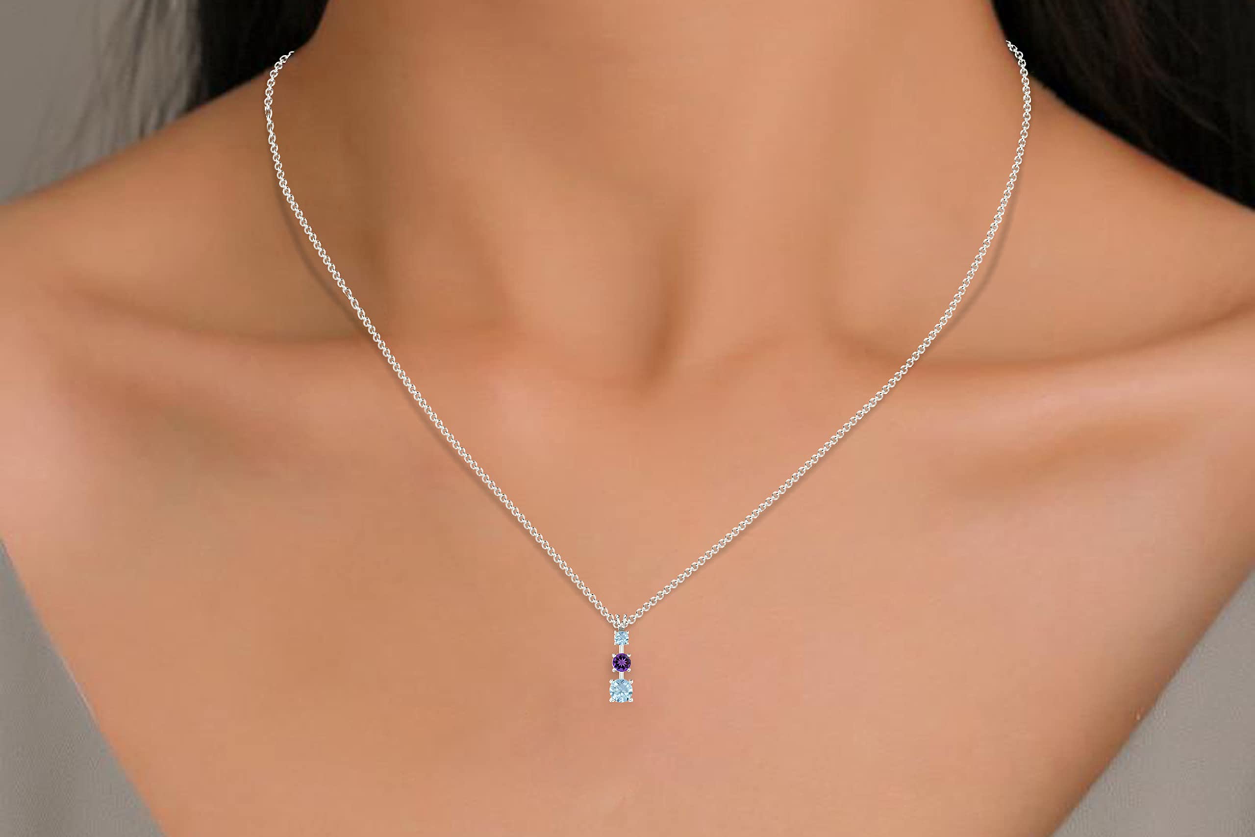 Mirahi 4mm Round Cut Amethyst Anniversary Pendant, 3 Stone Pendant For Her, 14k Solid White Gold V-Shape Pendant Necklace, Amethyst & Aquamarine Natural Gemstone Anniversary Pendant