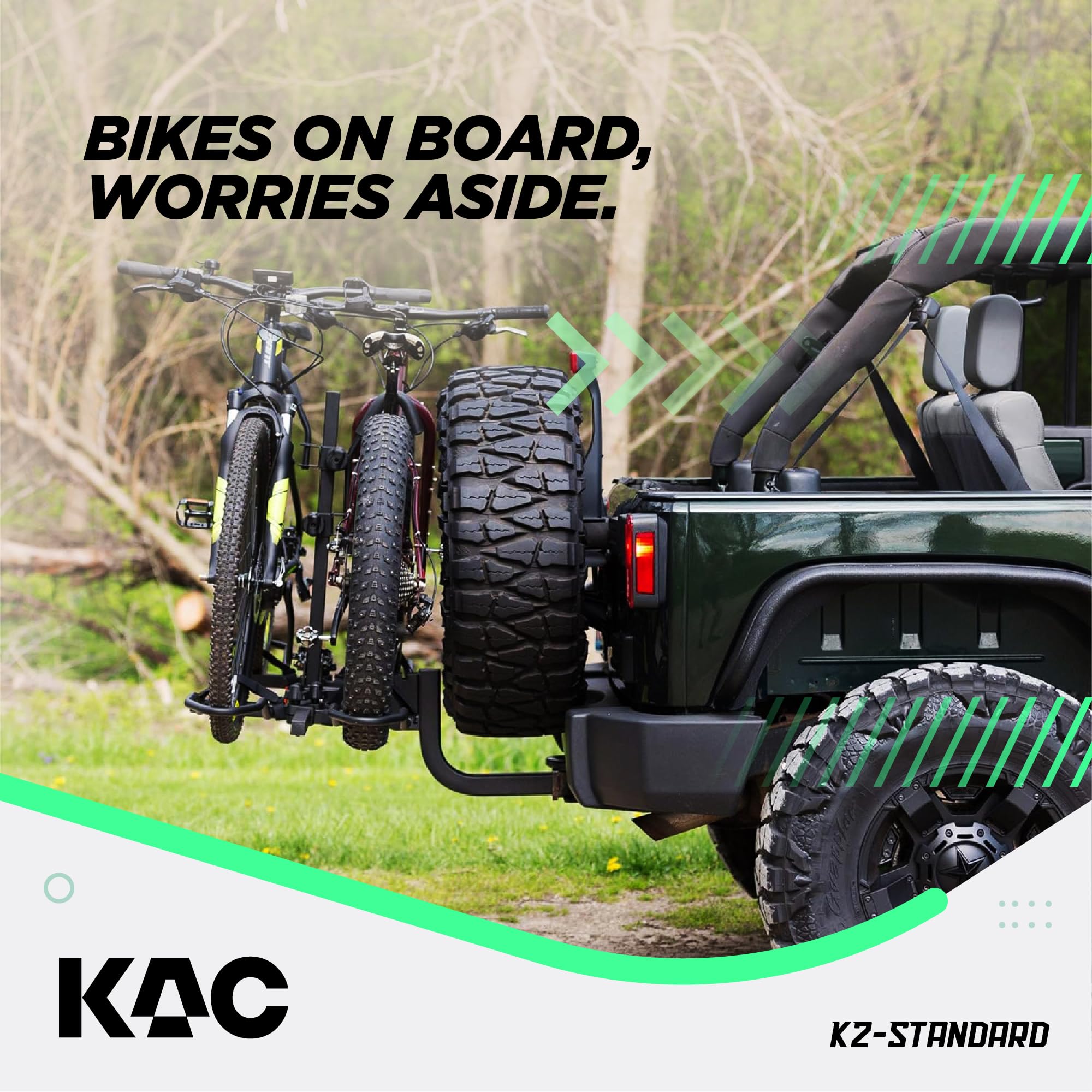 KAC Premium Bike Rack for Car, SUV, Hatchback Mount - 2" Anti-Wobble Hitch & Quick Release Lever for 2 Bikes - Heavy Duty Bicycle Carrier, Easy to Assemble/Install - Tire & Frame Straps Included