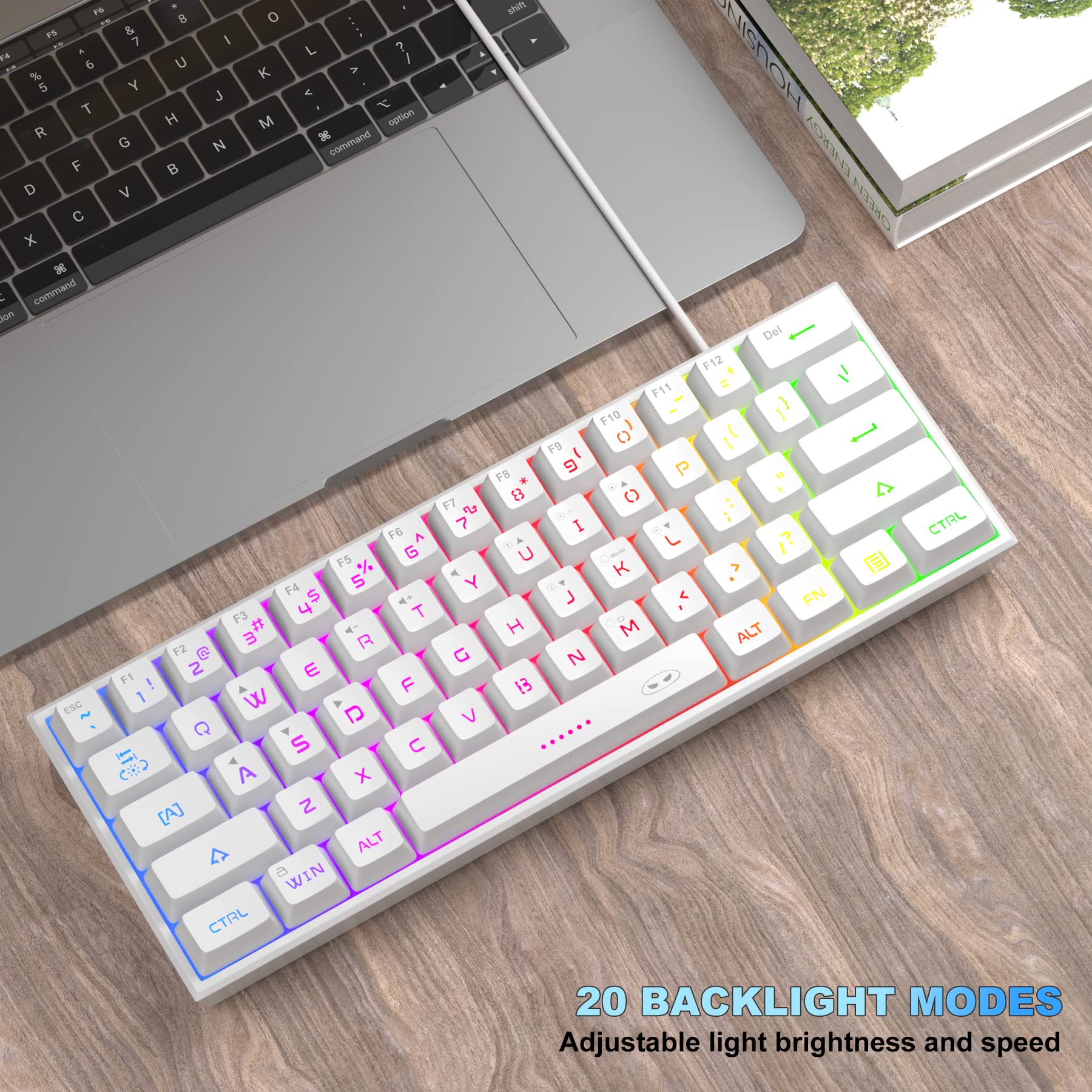 MageGee 60% Wired Gaming Keyboard, RGB Backlit Ultra-Compact Mini Keyboard, Waterproof 61 Keys Keycap Lettering Translucent Keyboard for PC/Mac Gamer, Typist, Easy to Carry on Business Trip(White)