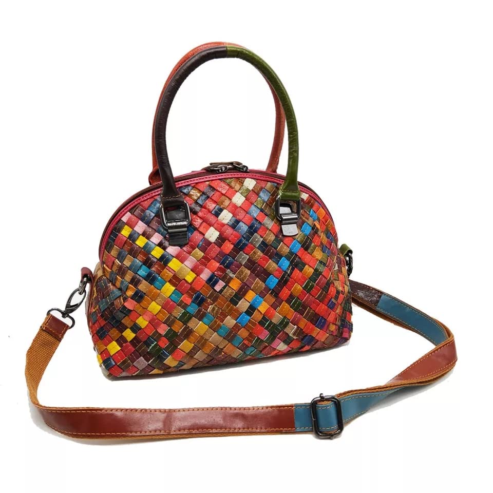 OB OURBAG Women's Multicolor Boston Bag Genuine Leather Bohemian Colorful Large Tote Handbag Purse Boston