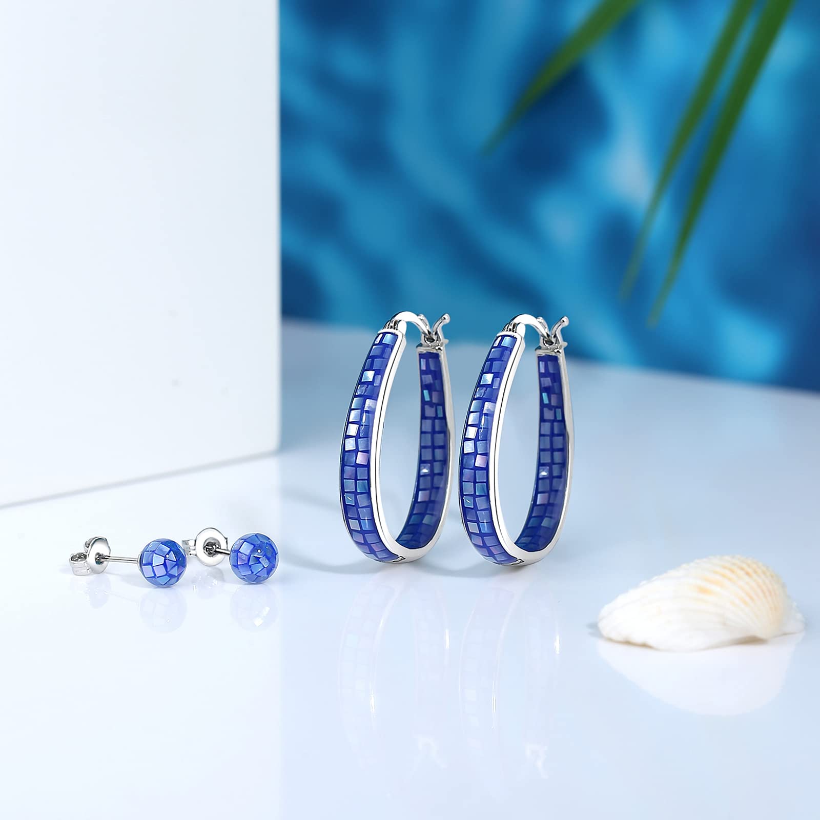 MUYUU Rhodium Plated Oval Inside Out Abalone Shell Hoop Earrings For Women Fashion Jewelry Gift