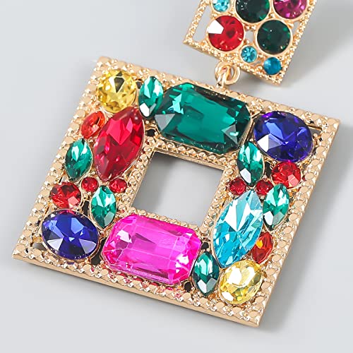 Mlouye Square Rhinestone Dangle Earrings For Women, Sparkly Crystal Geometric Drop Statement Chandelier Earrings Gold Tone Multicolor