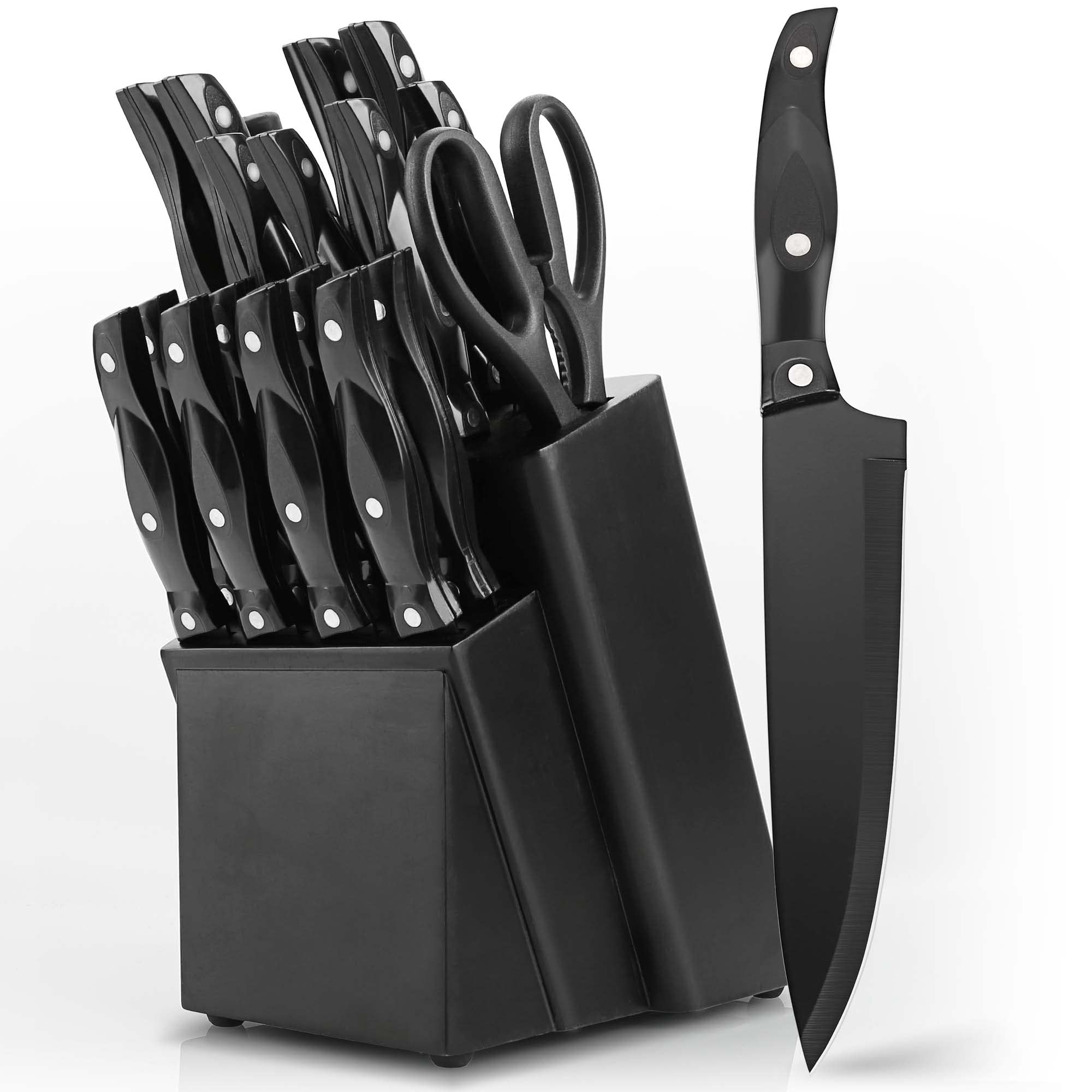 Knife Set,19 Pieces Kitchen Knife Set with Wooden Block,High Carbon Stainless Steel Knife Block Set,Ultra Sharp, Full-Tang Design with Black Coating
