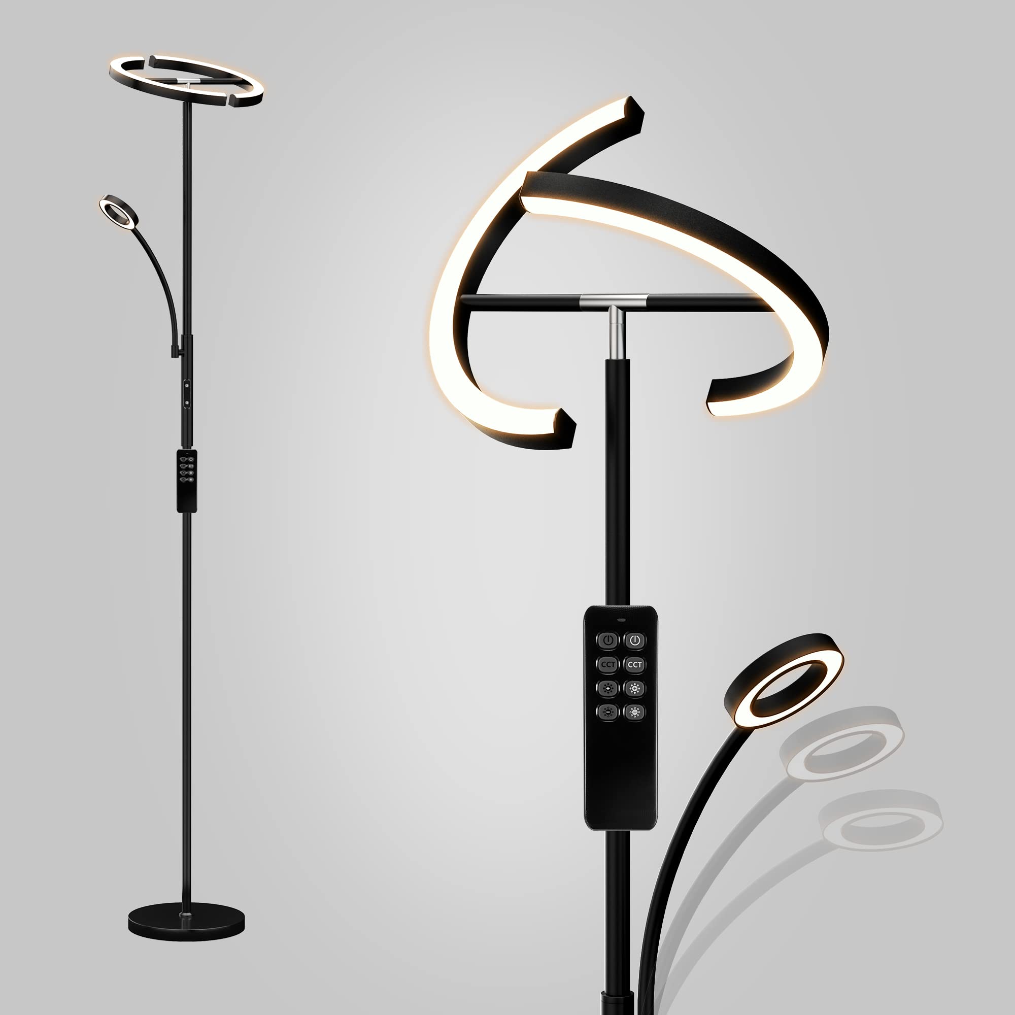 LED Floor Lamp with Reading Light, A ANTEN Modern Standing Lamp for Living Room, 20W Main Light & 7W Reading Lamp, Remote & Touch Control Dimmable Floor Light, Tall Black Pole Lamp for Bedroom, Office