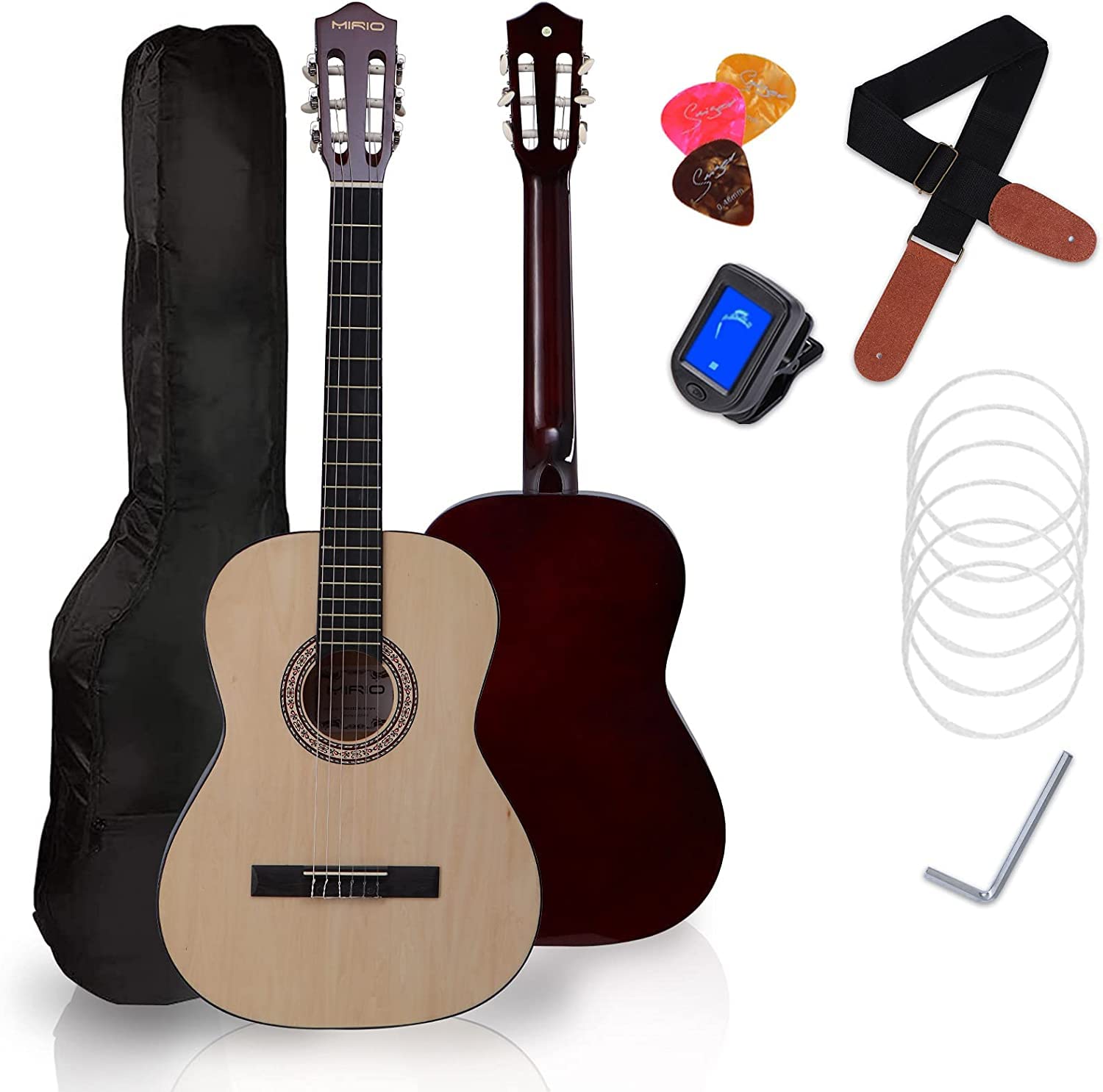 MIRIO 39 Inches Classical Guitar Full Size Beginner Acoustic Build-in Pickup Kit Set, Natural