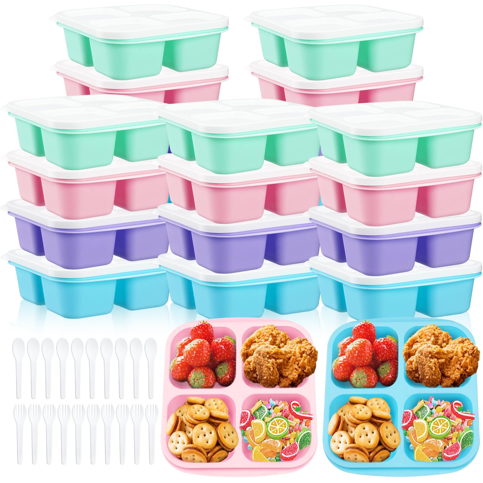 Hushee 20 Pack Bento Snack Boxes, 4 Compartment Reusable Snack Containers Bulk, Divided Bento Lunch Box, Meal Prep Lunch Containers for Kids Adults School Work Travel Meal Fruits Nuts Cookies Candies
