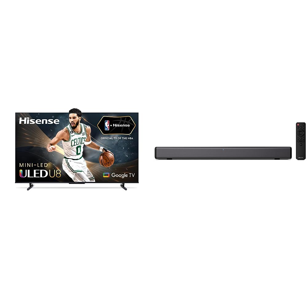 Hisense 55-Inch Class U8 Series Mini-LED ULED 4K UHD Google Smart TV (55U8K, 2023 Model) HS214 2.1ch Sound Bar with Built-in Subwoofer (108W) Bundle