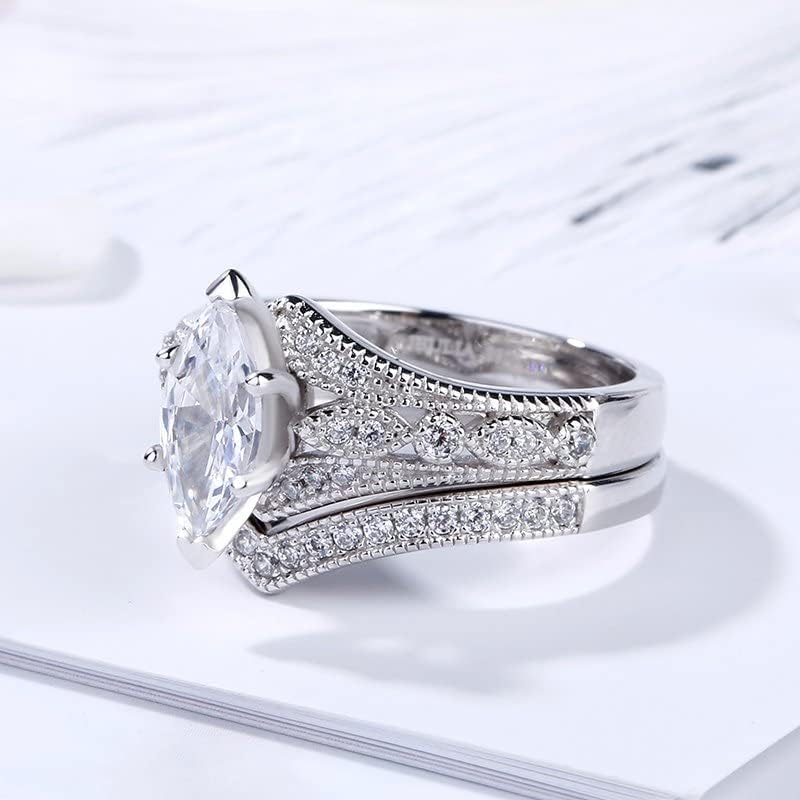 Jeulia 2 Pieces Ladies Rings Set Sterling Silver Milgrain Marquise Cut Rings Jewelry for Bridal Wedding Band Engagement Anniversary Ring (6)