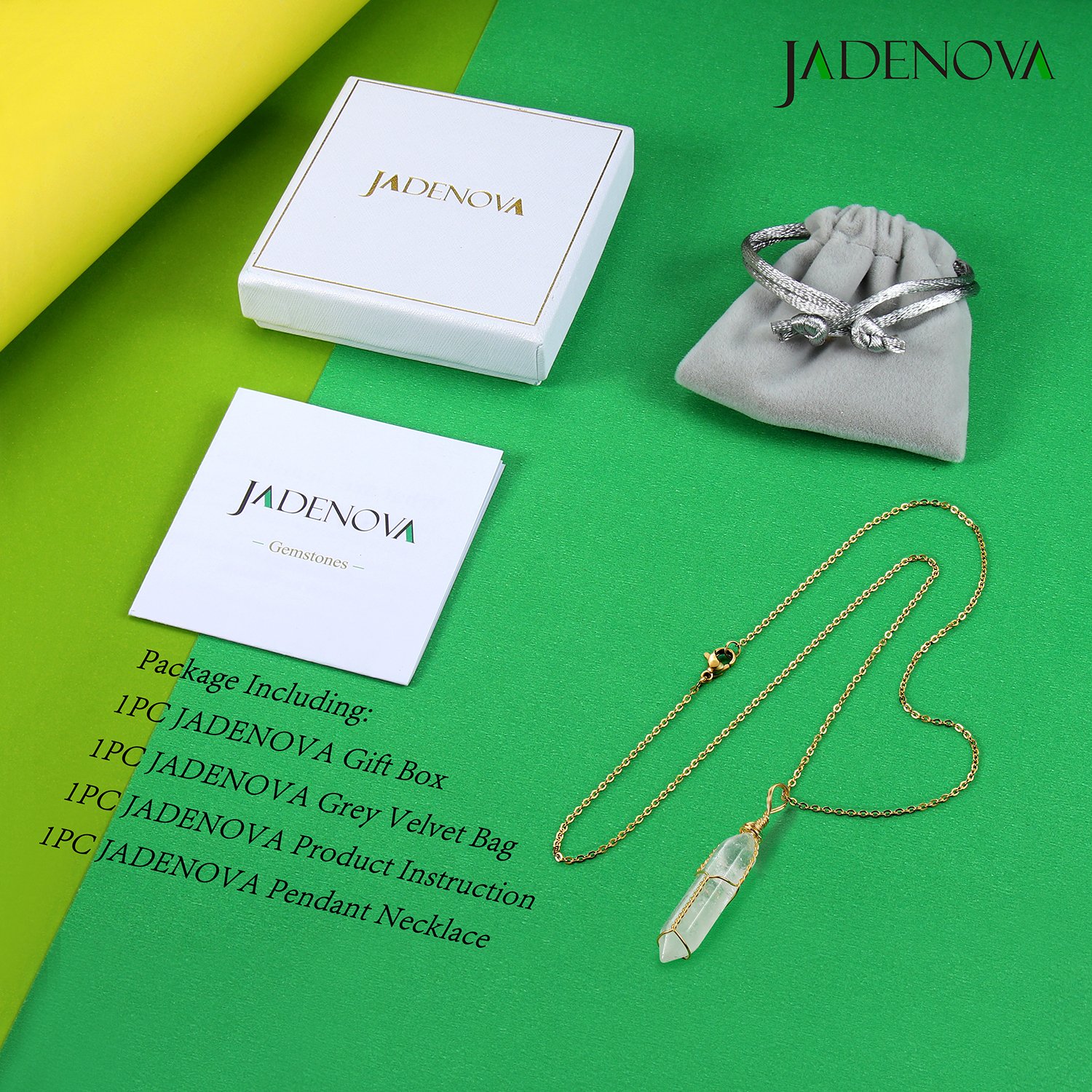 JADENOVA Full Wire Wrapped Energy Healing Crystal Gemstone Pendant Necklace 18 Inches Stainless Steel Chain(Natural Clear White Quartz)