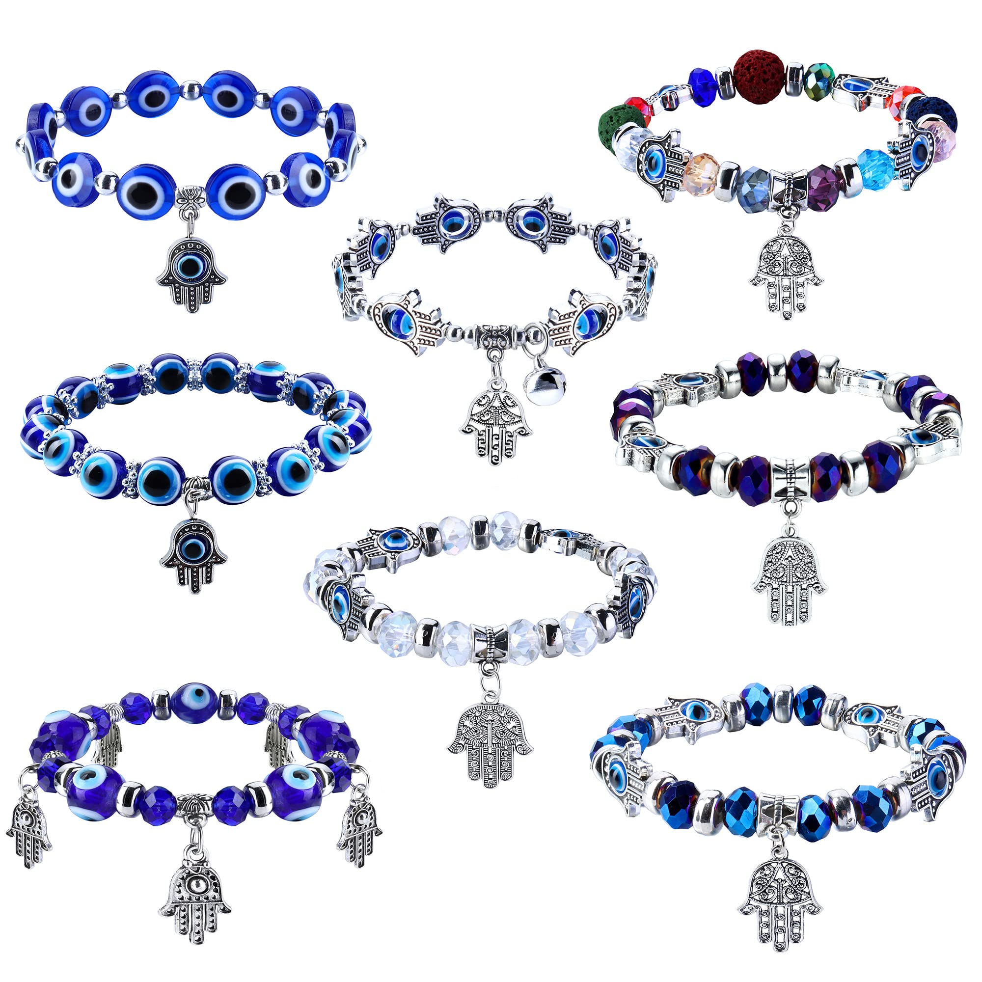 Magitaco 8PCS Evil Eye Beaded Bracelets for Women Men Blue Eye Hamsa Hand Charm Stretch Bracelet Lucky Bracelet for Protection and Blessing