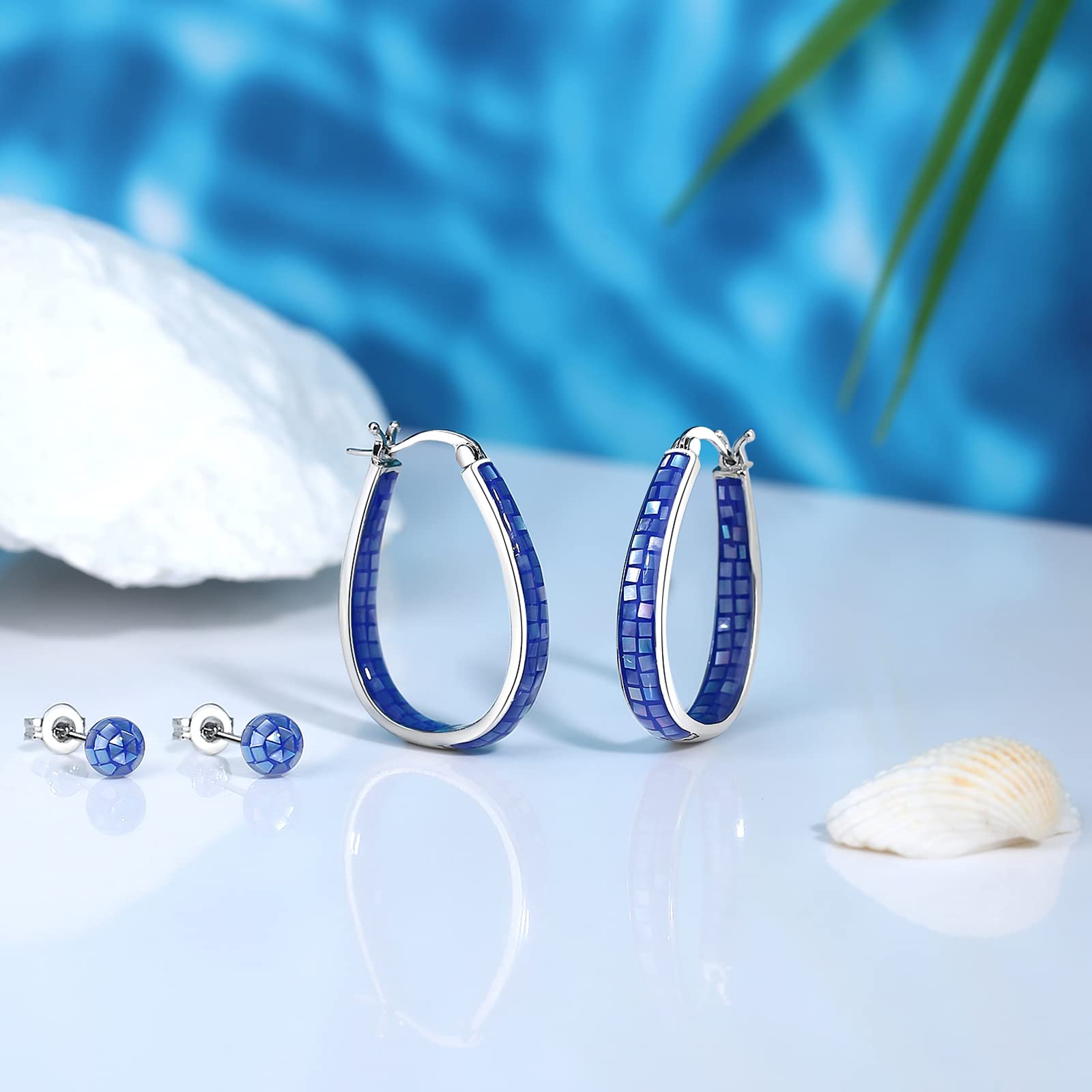 MUYUU Rhodium Plated Oval Inside Out Abalone Shell Hoop Earrings For Women Fashion Jewelry Gift