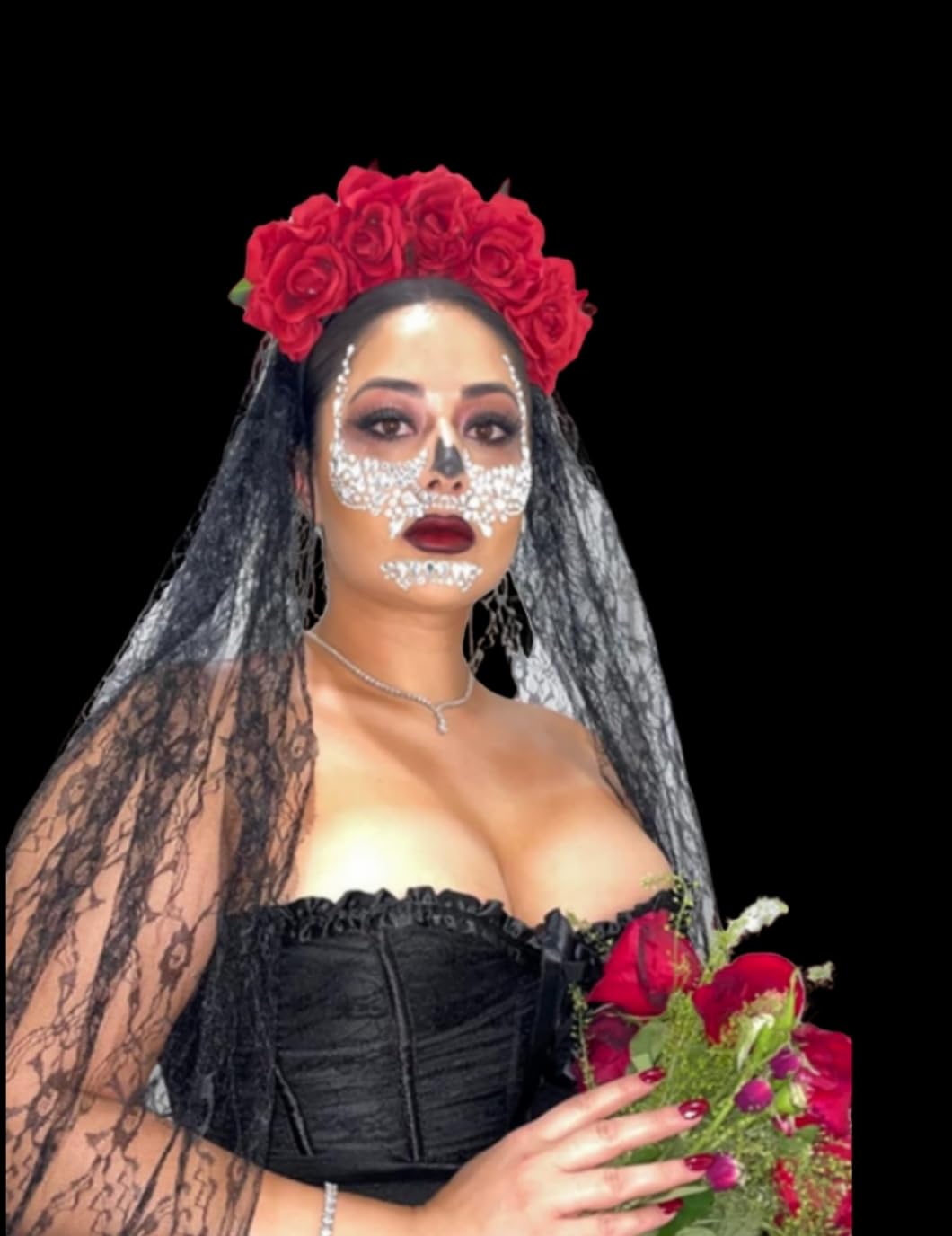 June Bloomy Day of the Dead Headpiece Rose Floral Crown Veil Halloween Costume Mexican Headband (Burgundy)