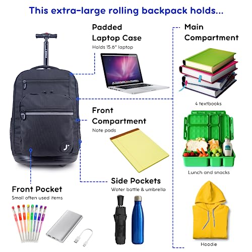 J World New York Sundance Rolling Backpack Girl Boy Roller Bookbag, Black, 20 Inch