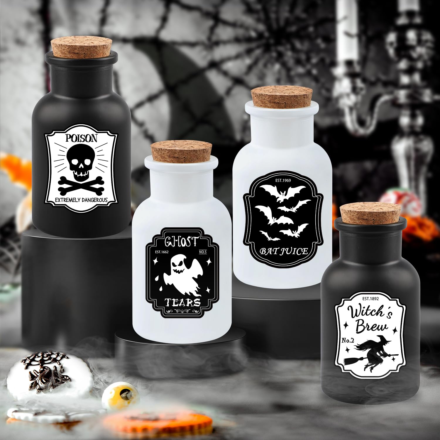 JENFALL 4Pcs Halloween Decor Halloween Decorations indoor Potion Bottles with Stickers Witch Farmhouse Decor For Tiered Tray Table Home Room Party Supplies