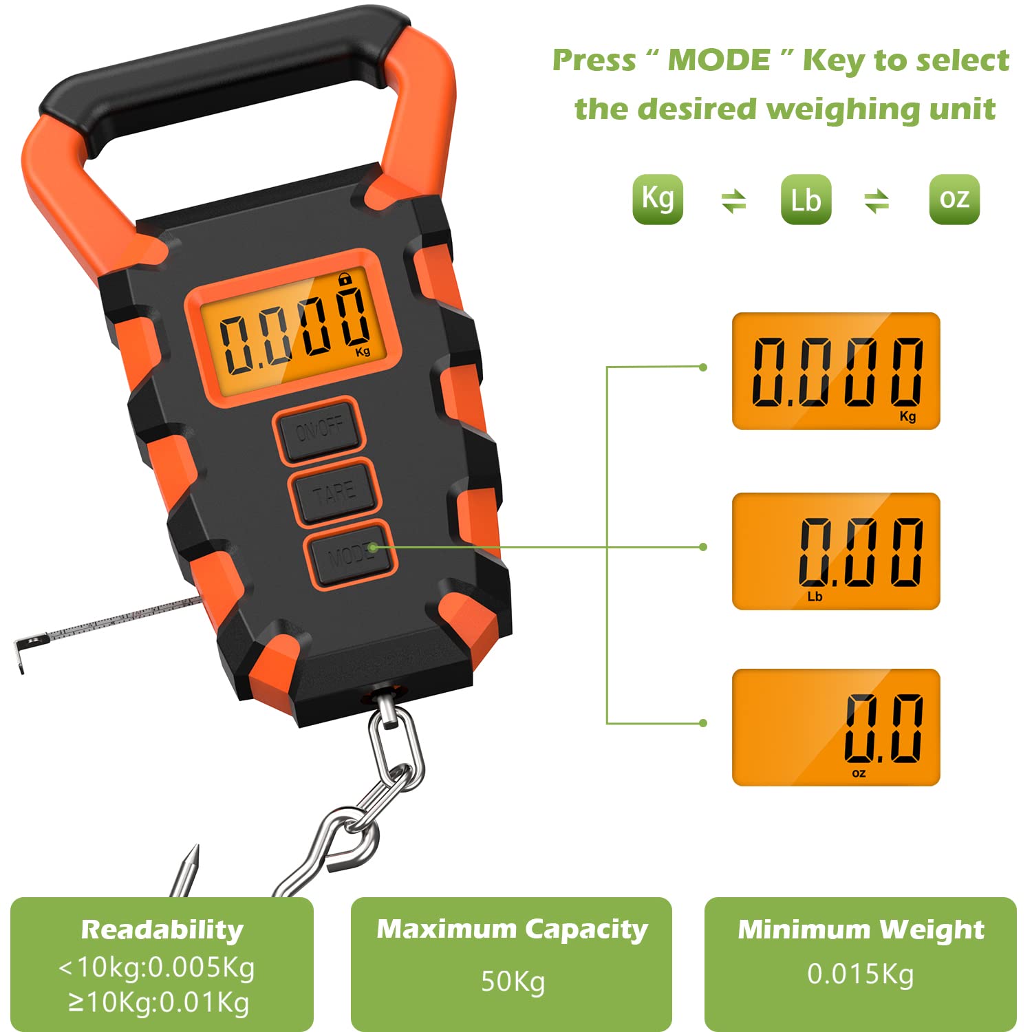 KeeKit Digital Fishing Scale with Ruler, 110lb/50kg Electronic Digital Luggage Scale, Waterproof Fishing Postal Hanging Hook Scale with Measuring Tape, Backlit LCD Display (Batteries Included)