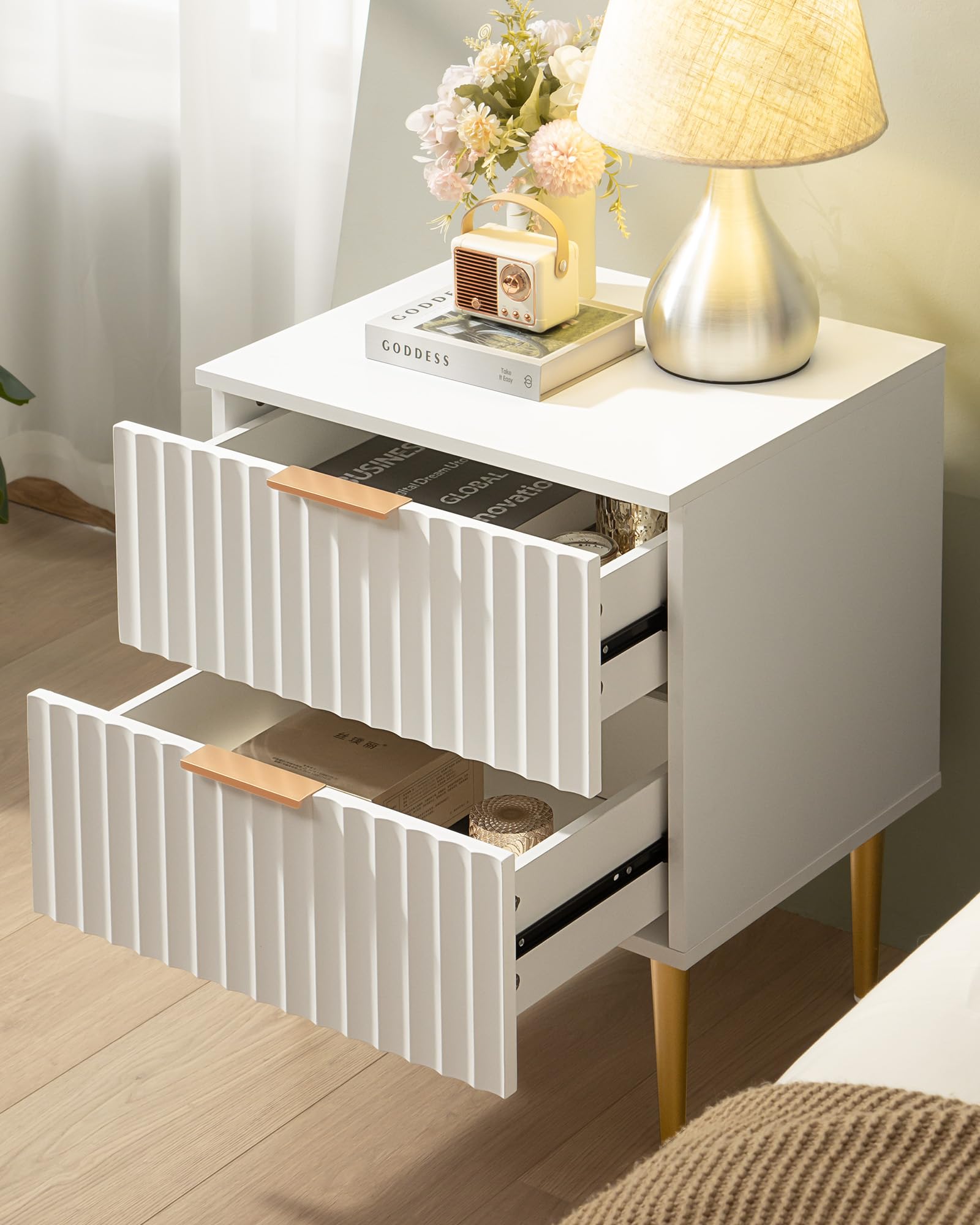 SICOTAS White Night Stand Set 2, Wide Fluted Nightstand with 2 Drawers, Modern Glossy Storage Bedside Table for Bedroom, End Side Table with Golden Metal Legs and Handles(2, White)