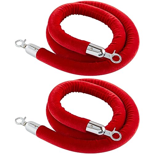 Juvale Set of 2 Red Velvet Stanchion Rope - 5 ft Control Barriers with Polished Silver Hooks