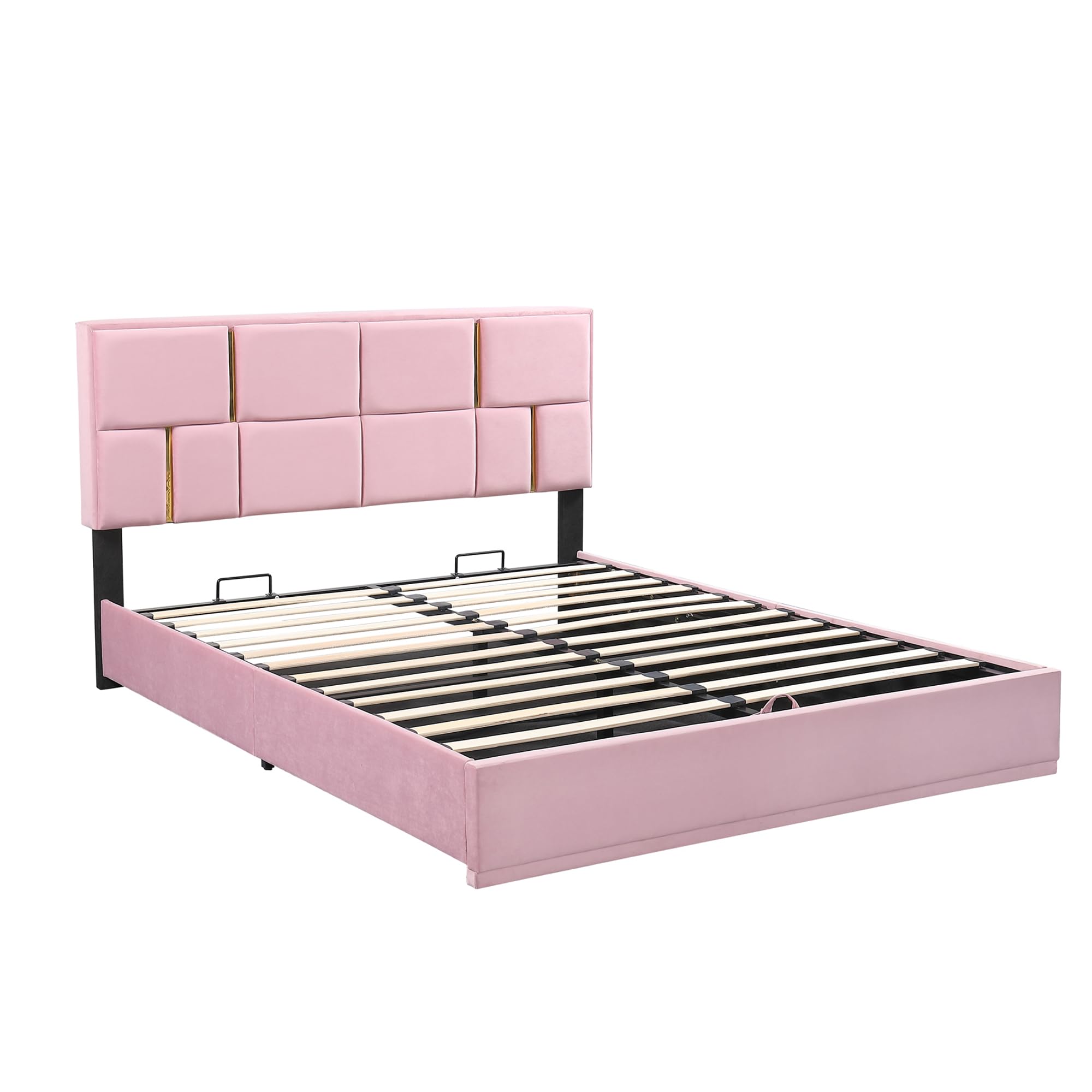 JIVOIT Upholstered Platform Bed with Hydraulic Storage System, Queen Size Storage Bed with Headboard and Wood Slats Support, Space Saving Wood Platform Bed Frame for Bedroom (Pink,Bed,5)