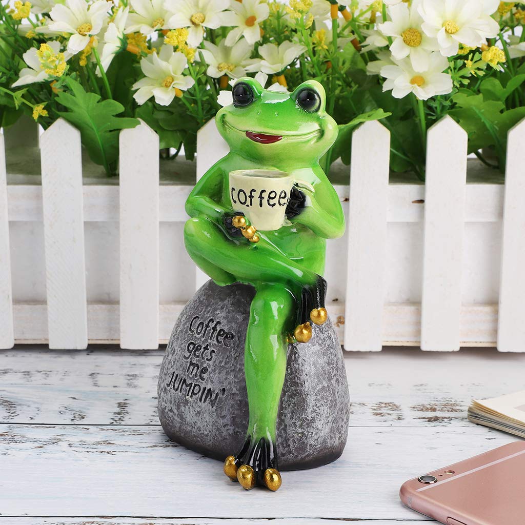 JUXYES Creative Craft Resin Frog Figurine Decor, Frog Sitting On Stone Statue Drinking Coffee Sculpture Statue, Personalized Collectible Figurines Mascot Frog for Indoor Outdoor Garden Decoration