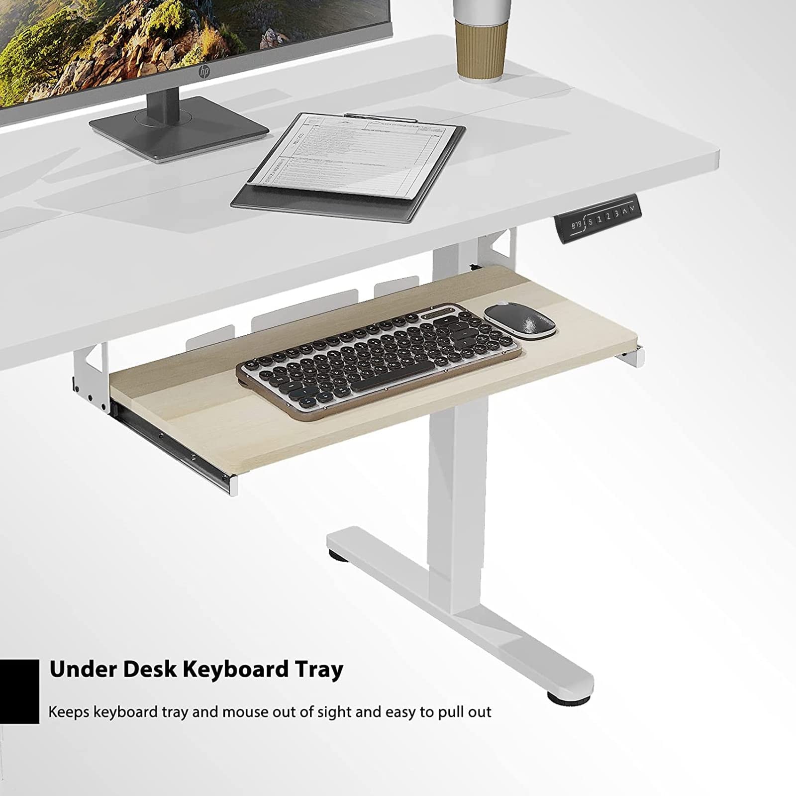 JOY worker White Electric Standing Desk with OAK Keyboard Tray, Splice Board 48 x 24 Inches Sit Stand Up Height Adjustable Desk with Memory Controller, Ergonomic Workstation for Home Office