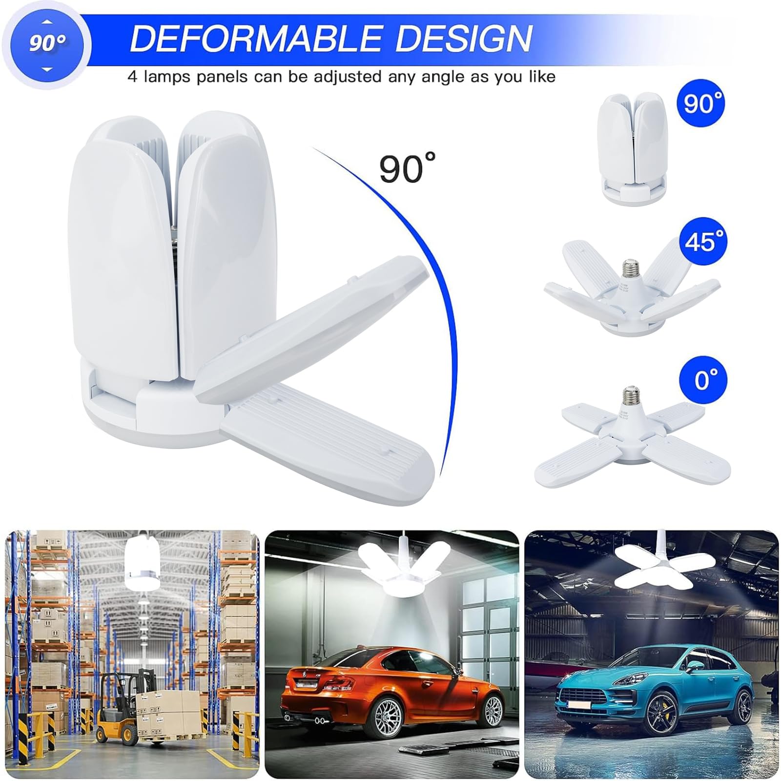 LED Garage Lights 80W Deformable Garage Lights LED Basement Lights with 3 Adjustable Panels 10000LM E26 Base 6000K Garage Ceiling Lights for Garage,Workshop,Warehouse,Laundry Room,Real Aluminum