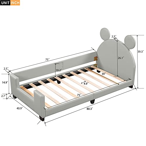 TARTOP Upholstered Twin Daybed Frame for Kids, PU Leather Twin Platform Bed with Carton Ears Shaped Headboard, Wood Twin Sofa Bed for Girls Boys, No Box Spring Needed,Gray