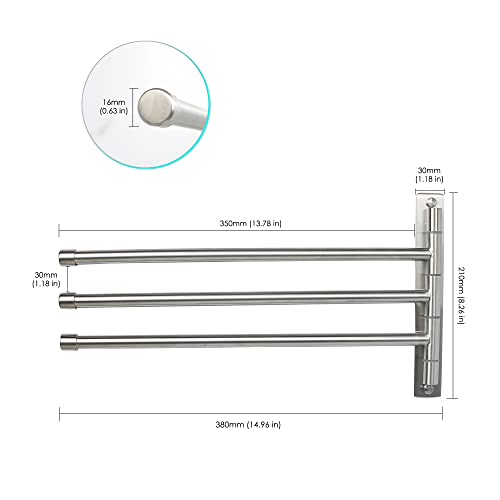 Swivel Towel Rack Wall Mounted Rotates Towel Bar SUS304 Stainless Steel 3-Arms Towel Swing Hanger Space Saving Storage Organizer Towel Holder for Bathroom, Kitchen,Brushed Finish