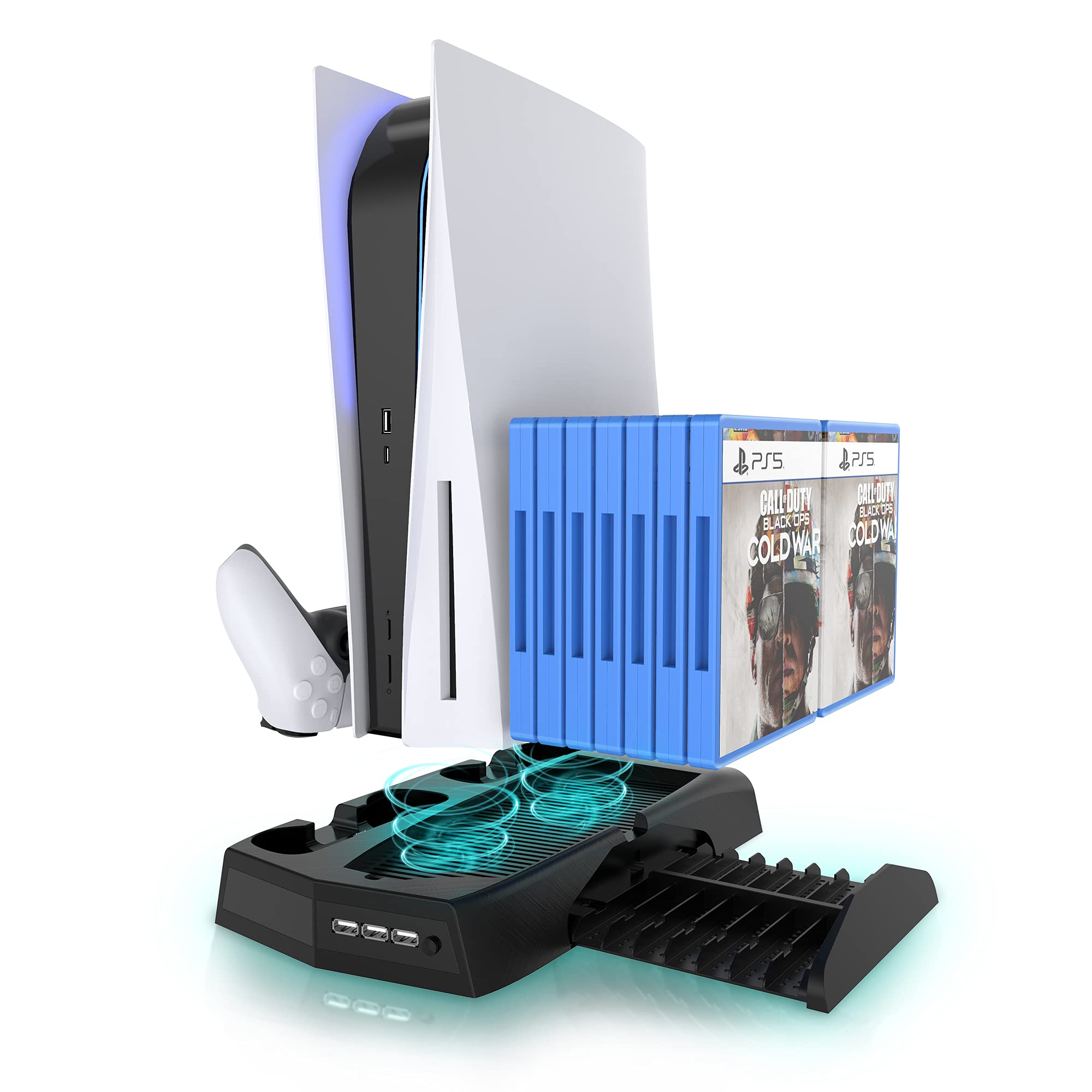 KIWIHOME PS5 Accessories Stand, PS5 Cooling Stand with Suction Cooling Fan and Dual Controller Charger Station for PS5 Console, 3 USB Ports &14 Game Slots for PS5 Digital & Disc Edition