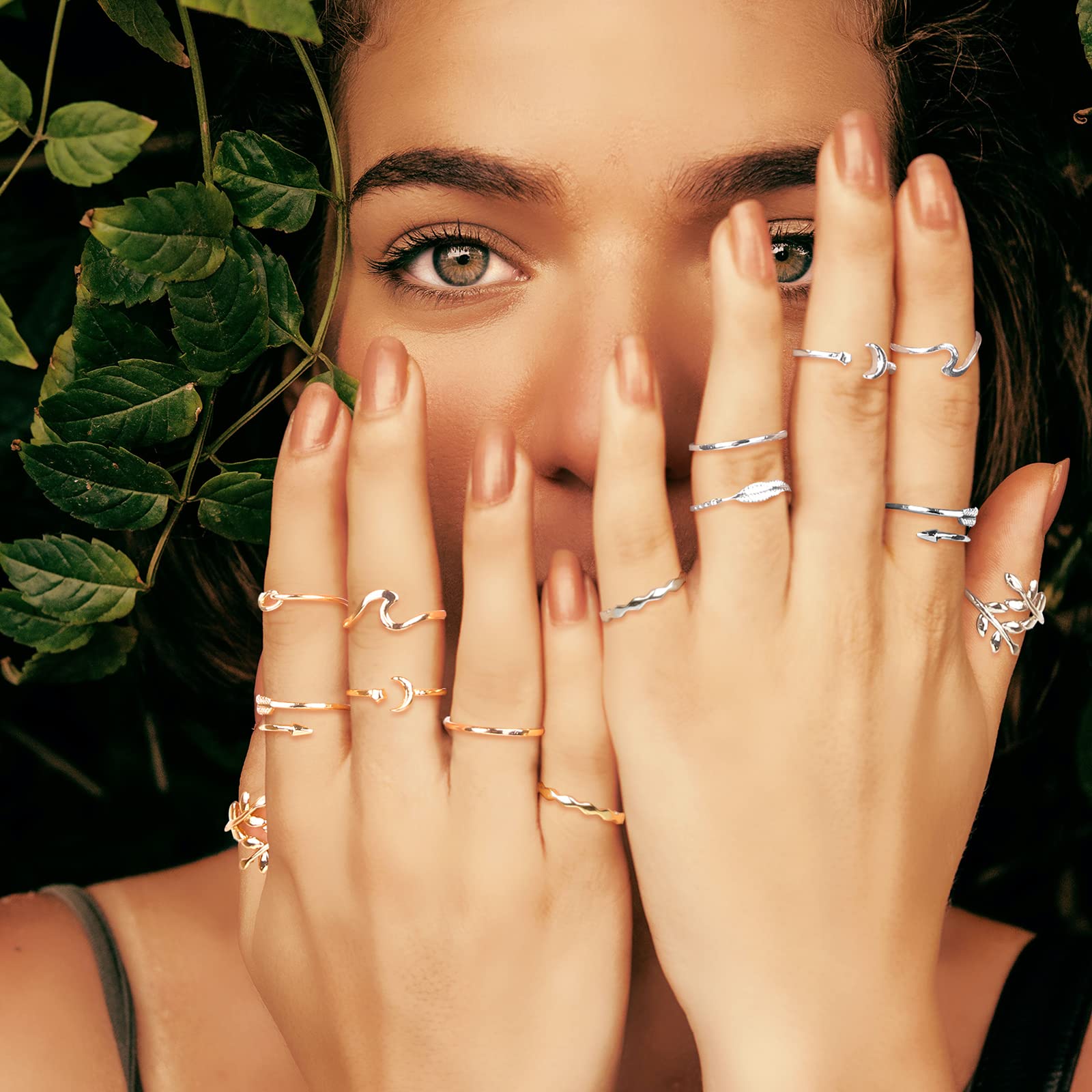 Modacraft 24Pcs Knuckle Stacking Rings for Women Teen Girls, 14K Silver Gold Plated Adjustable Stackable Rings Arrow Knot Wave Rings Thumb Midi Finger Rings Pack