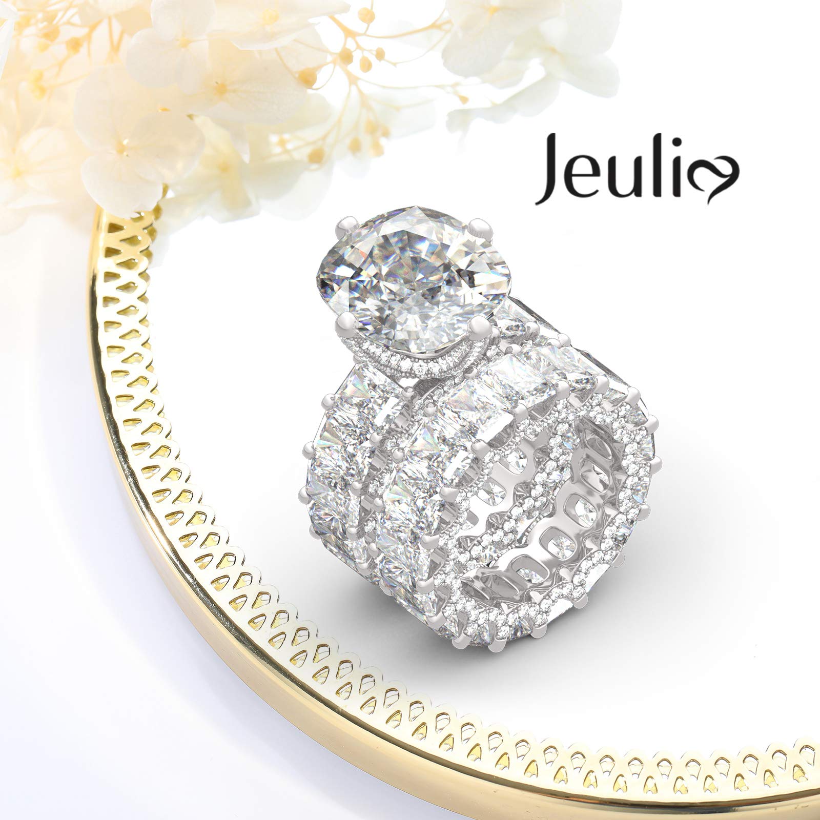 Jeulia Cushion Cut Three Sided Pave Sterling Silver Eternity Ring Cubic Zirconia Art Deco Halo Wedding Engagement Anniversary Rings Set (silver, 9.5)
