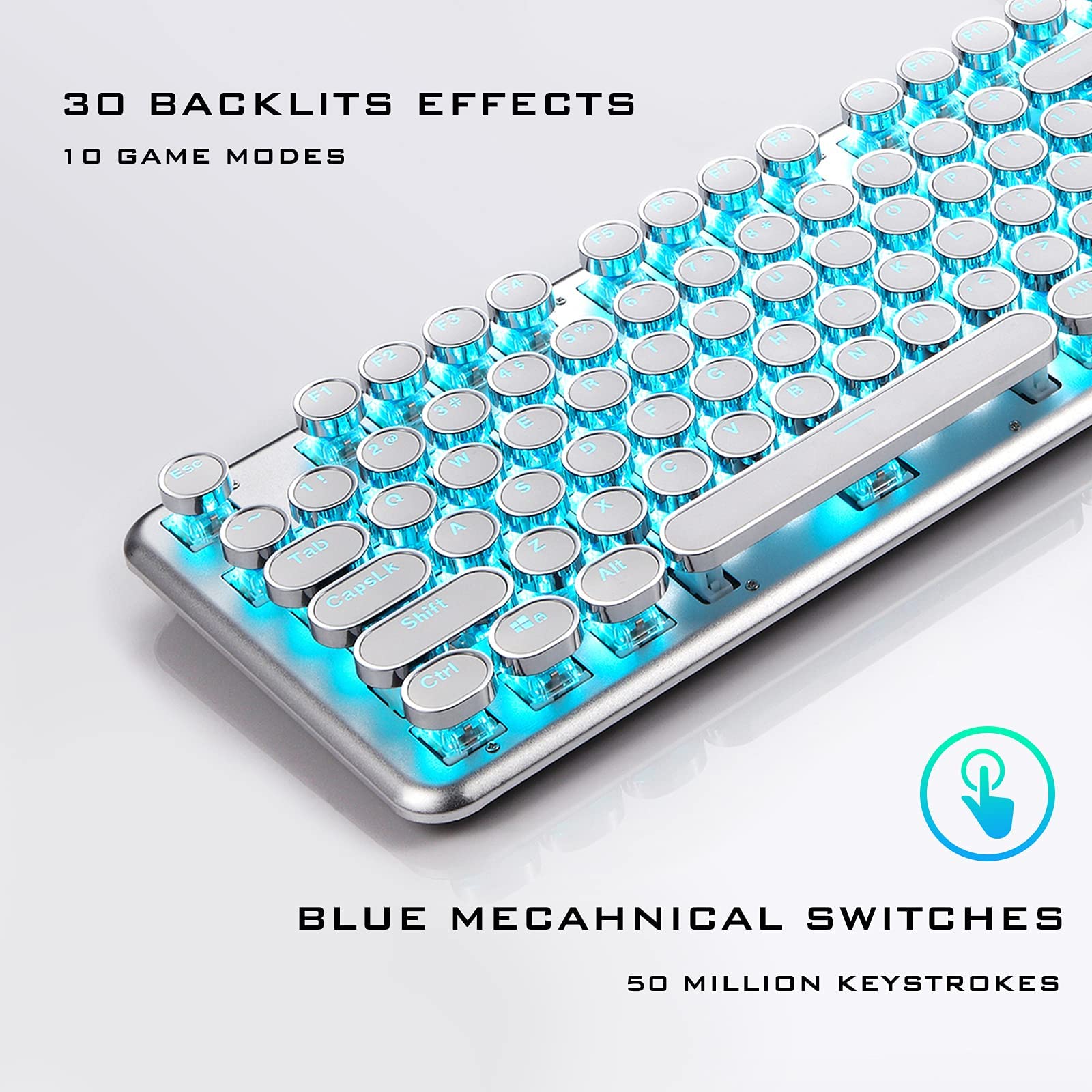 LIOURFE Typewriter Style Mechanical Gaming Keyboard with Blue Backlit 108-Key Blue Switch Retro Round Keycap, Silver