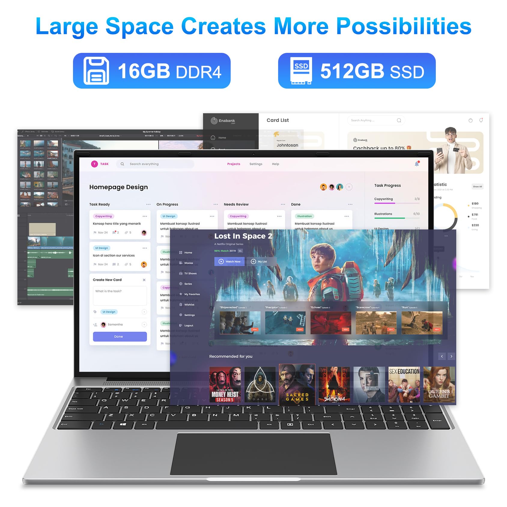 jumper Laptop Computer 16", Laptops Quad Core N100 CPU(Up to 3.4G), FHD IPS 1920x1200 Display, 16GB DDR5 512GB SSD, Lap Top with 2.4G+5G WiFi, Cooling System, 4 Stereo Speaker, 38WH Battery.