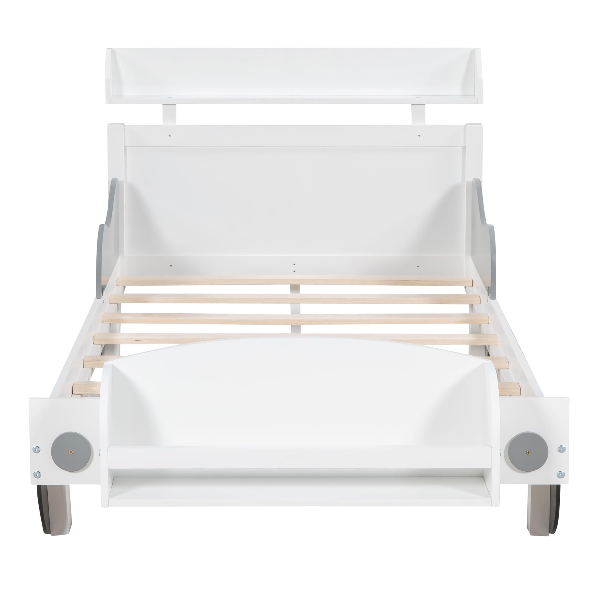 Twin Size Car-Shaped Platform Bed Frame for Boys Girls Kids Adults Toddler,Twin Bed with Storage Shelf for Bedroom,White