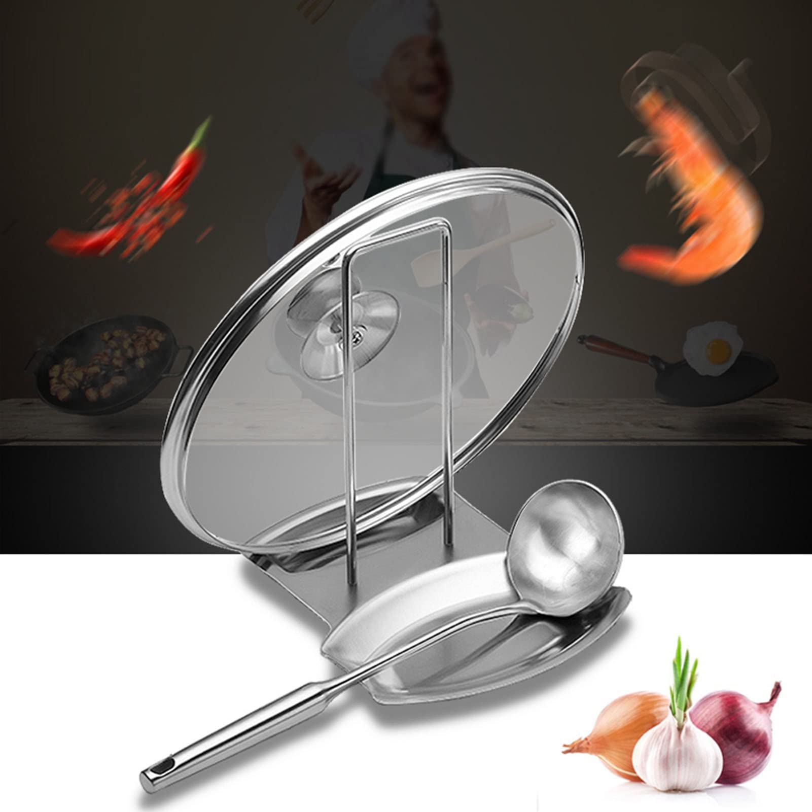 Kitchen Shelves,Pot Lid Organizer Rack, Stainless Steel Spoon Rest, Pots & Pans Storage Holder, Cutting Boards Stand, for Bakeware Dish Plate, Removable