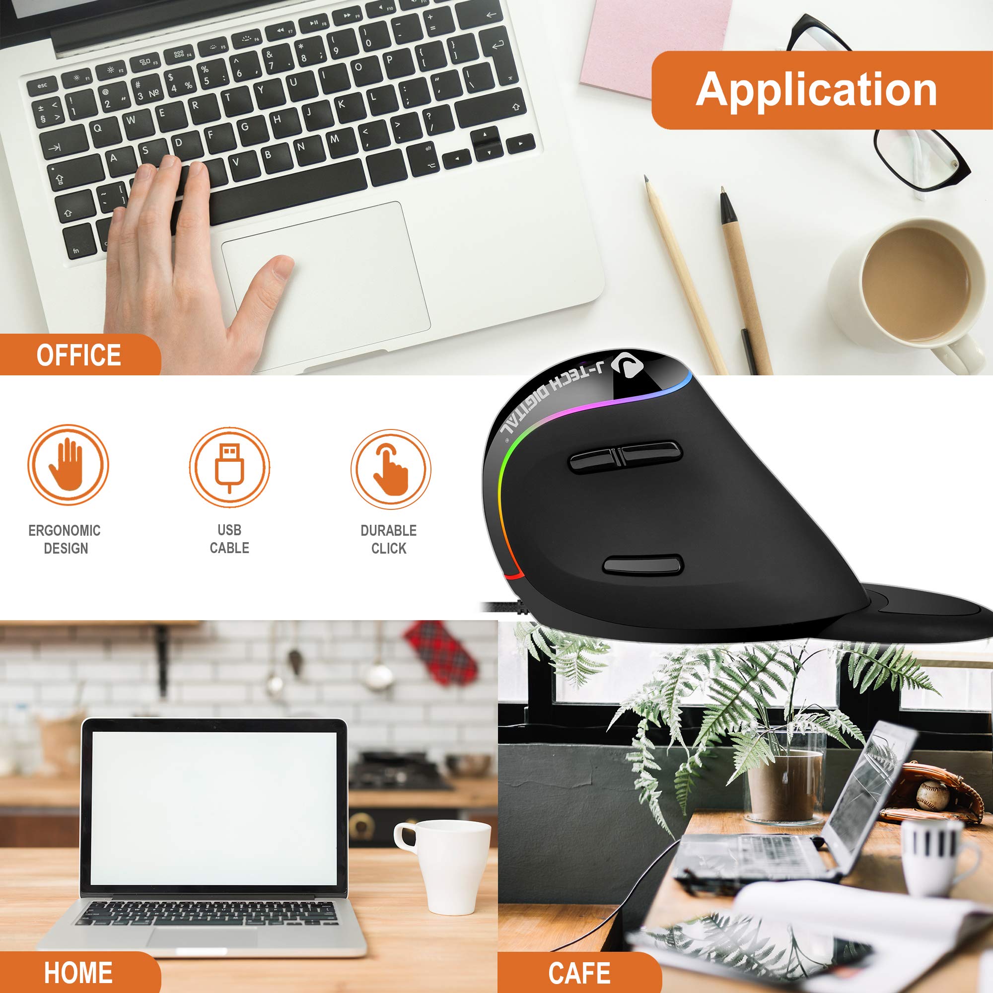 J-Tech Digital V638R Ergonomic Wired Mouse, 4 DPI Settings, RGB LED Variations, Magnetic Removable Palm Rest, 6 Button Functions, 1 Year Manufacturer Replacement Warranty