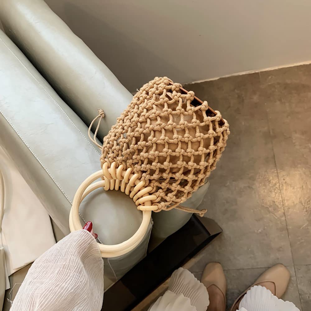 NIBD Women Mini Clutch Tote Handbag Woven Handbag Top-handle Bucket Drawstring Bag Summer Beach Fishing Net Bag Purse (Brown)