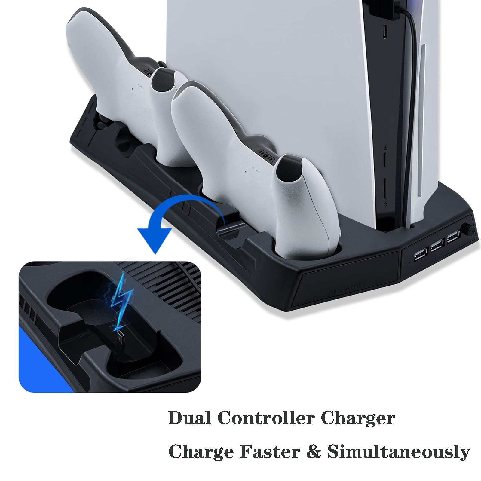 KJH-P5-010-2 PS5 Cooling Fan Station and Dual Controller Charger Station for Playstation 5 PS5 Console, LED Indicator + 16 Game Storage disc Holders, 3 USB Ports