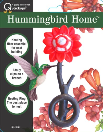 Quackups 5.5" Hummingbird Nesting Home with Nesting Fibers Enclosed in Red Flower, Easily Clips on Branch, Bushes for Outdoor Patio Garden
