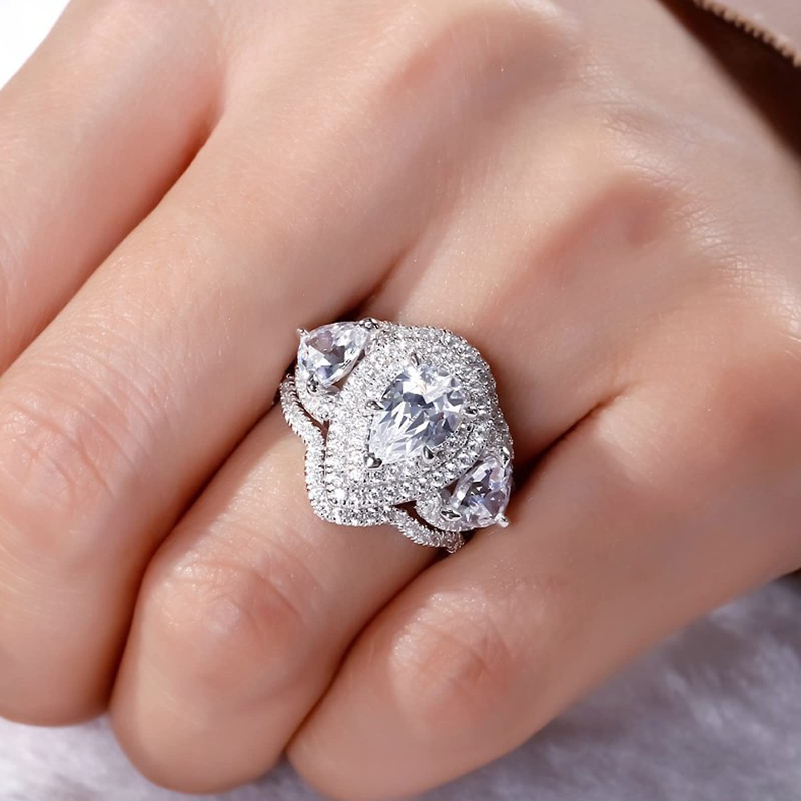 Jeulia Double Halo Oval Engagement Ring Sterling Silver Cubic Zirconia Engagement Ring Set Simulated Diamond Wedding Bridal Sets with Side Stones Promise Gift