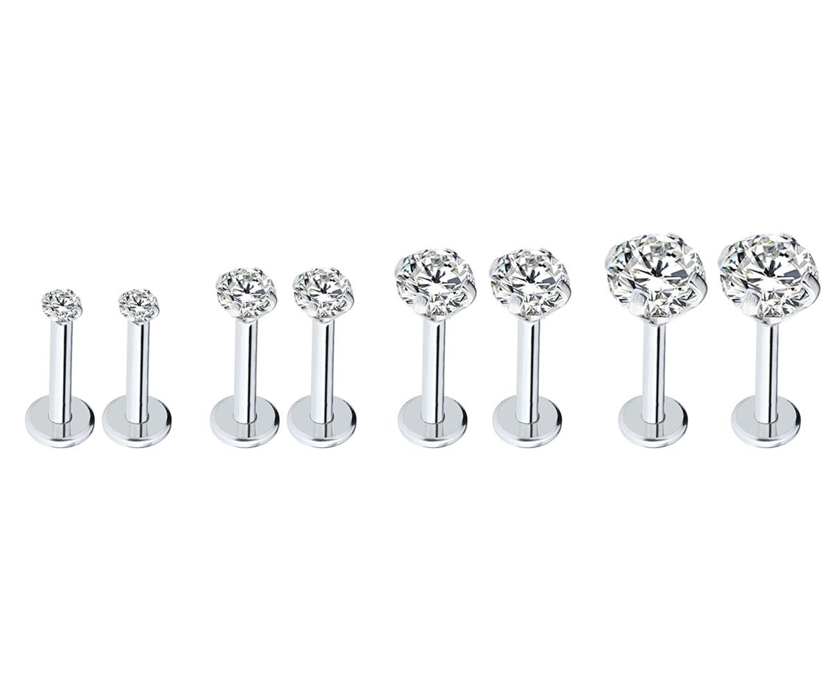 Injoy Jewelry 16G Stainless Steel 2-5mm Round Cubic Zircon Lip Studs Labret Monroe Nose Tragus Helix Ear Piercing Jewelry 6mm Bar Length, 4 Pairs