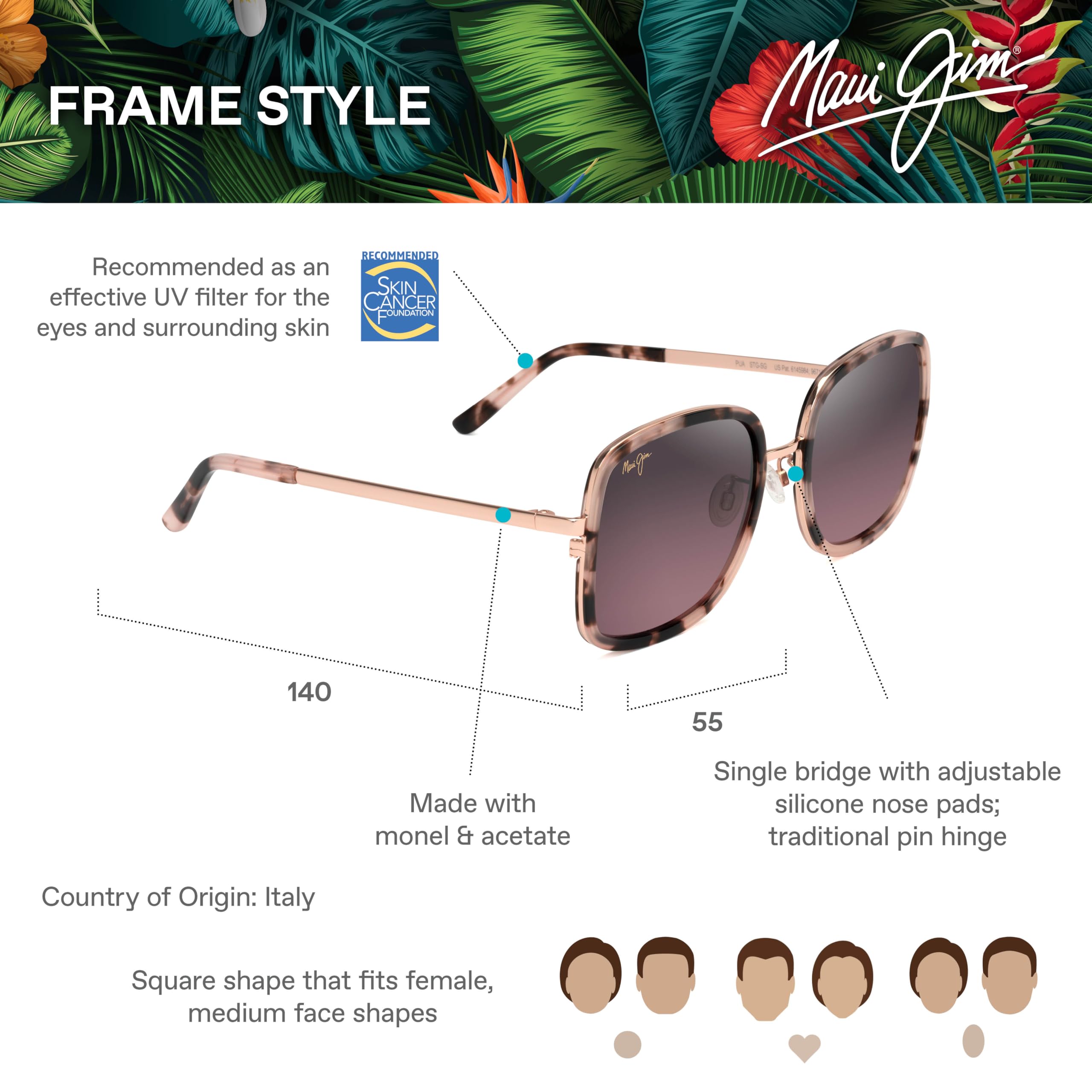 Maui Jim Men's and Women's Pua Polarized Fashion Sunglasses, Pink Tortoise w/Rose Gold/Maui RoseĀ®, Medium
