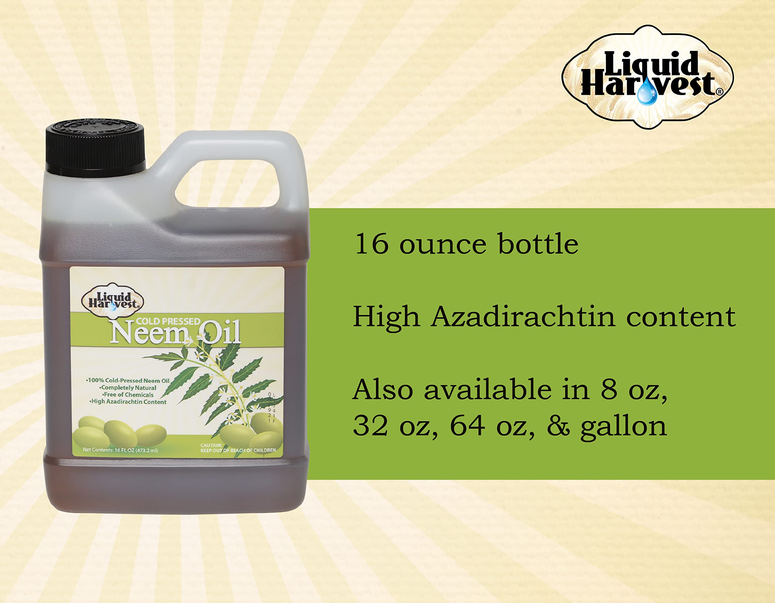 Liquid Harvest 100% Cold Pressed Neem Oil 16oz, Rich Azadirachtin Content for Plants & Neem Oil Spray Solutions