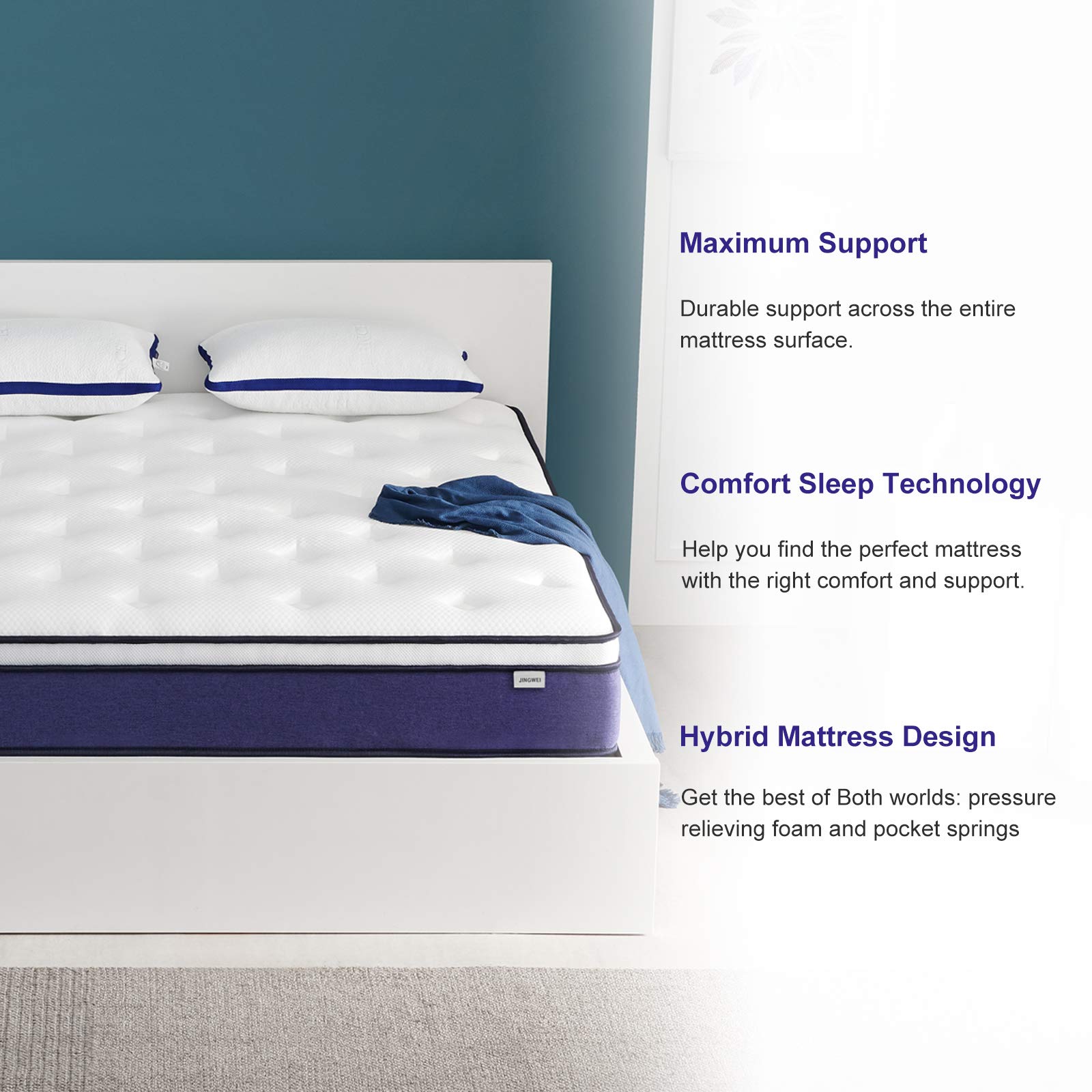 JINGWEI Queen Mattress, 10 Inch Individually Wrapped Pocket Coils Wrapped Pocketed Encased Coil Pocket Spring Mattress, Innerspring Foam Bed Mattress in a Box for Durable Support & Pressure Relief