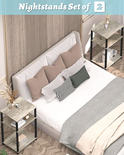 WOODYNLUX Side Table Nightstands Set of 2, End Table with Shelves, 3-Tier Bedside Tables, 5-Tier Shelf Bookcase, Nightstand Accent Table for Living Room, Bedroom, Gray, Easy Assembly.