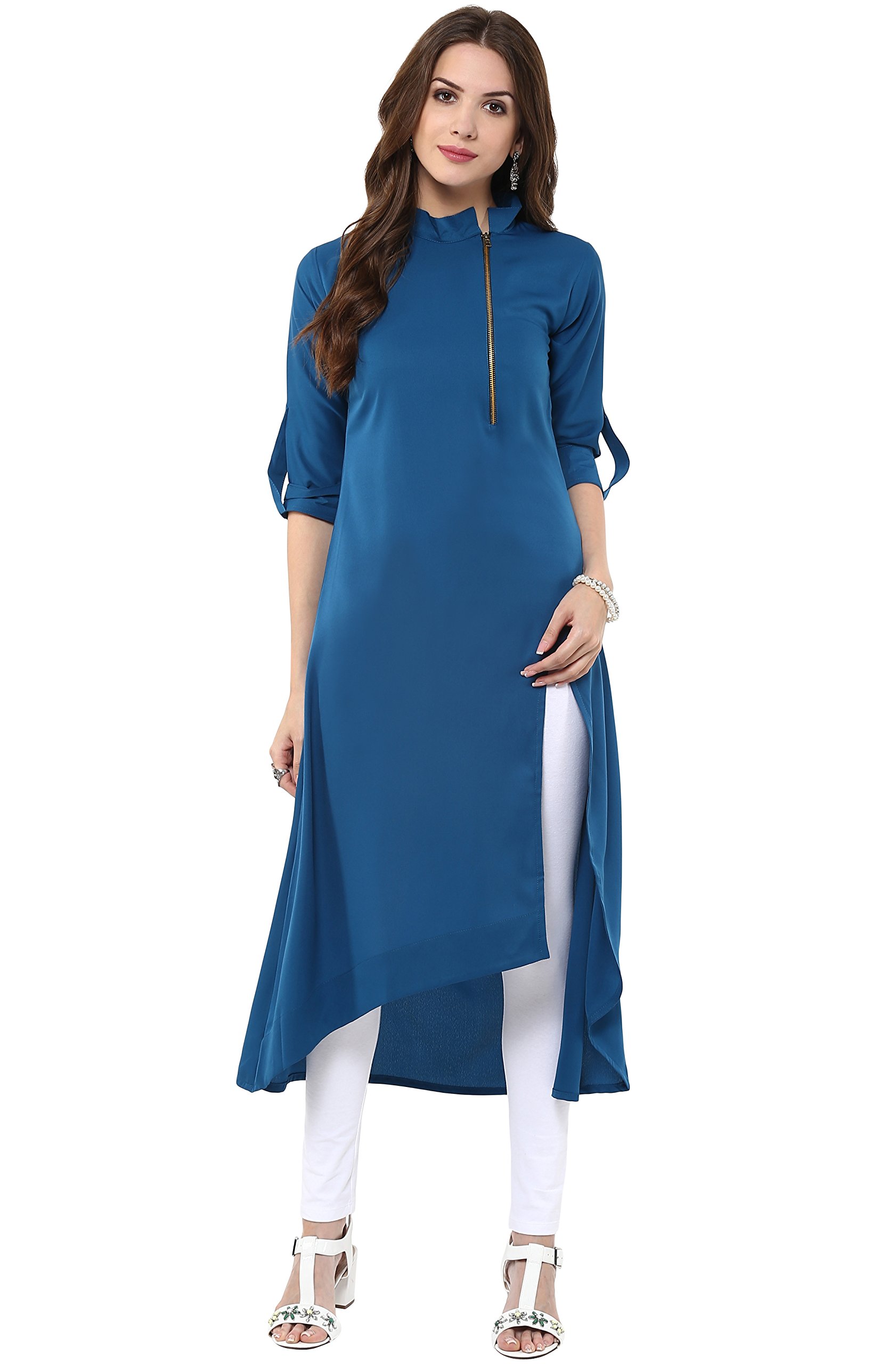 Janasya Women's Crepe Kurti Tunic Tops,Blue,Large,Blue,Large