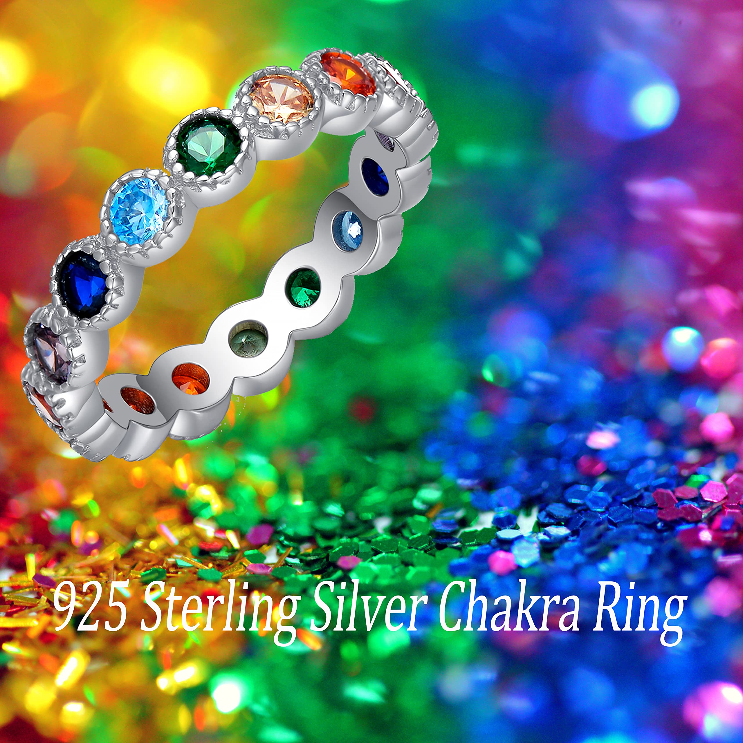 MBSUUH Chakra Ring 925 Sterling Silver Heart 7 Colorful Chakra Rainbow Ring for Women