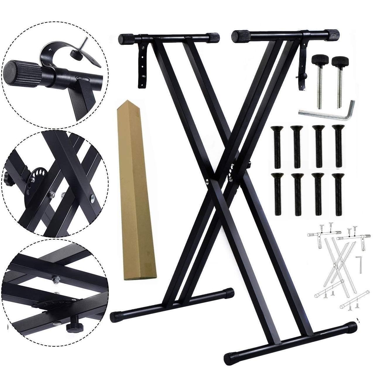 Kadence Keyboard Stand - Heavy-Duty Piano Stand (NK13-3kg Dual Braced) - Piano Keyboard Stand with Locking Straps - Keyboard Double X Stand - Keyboard Music Stand for Kids & Adults (Black)