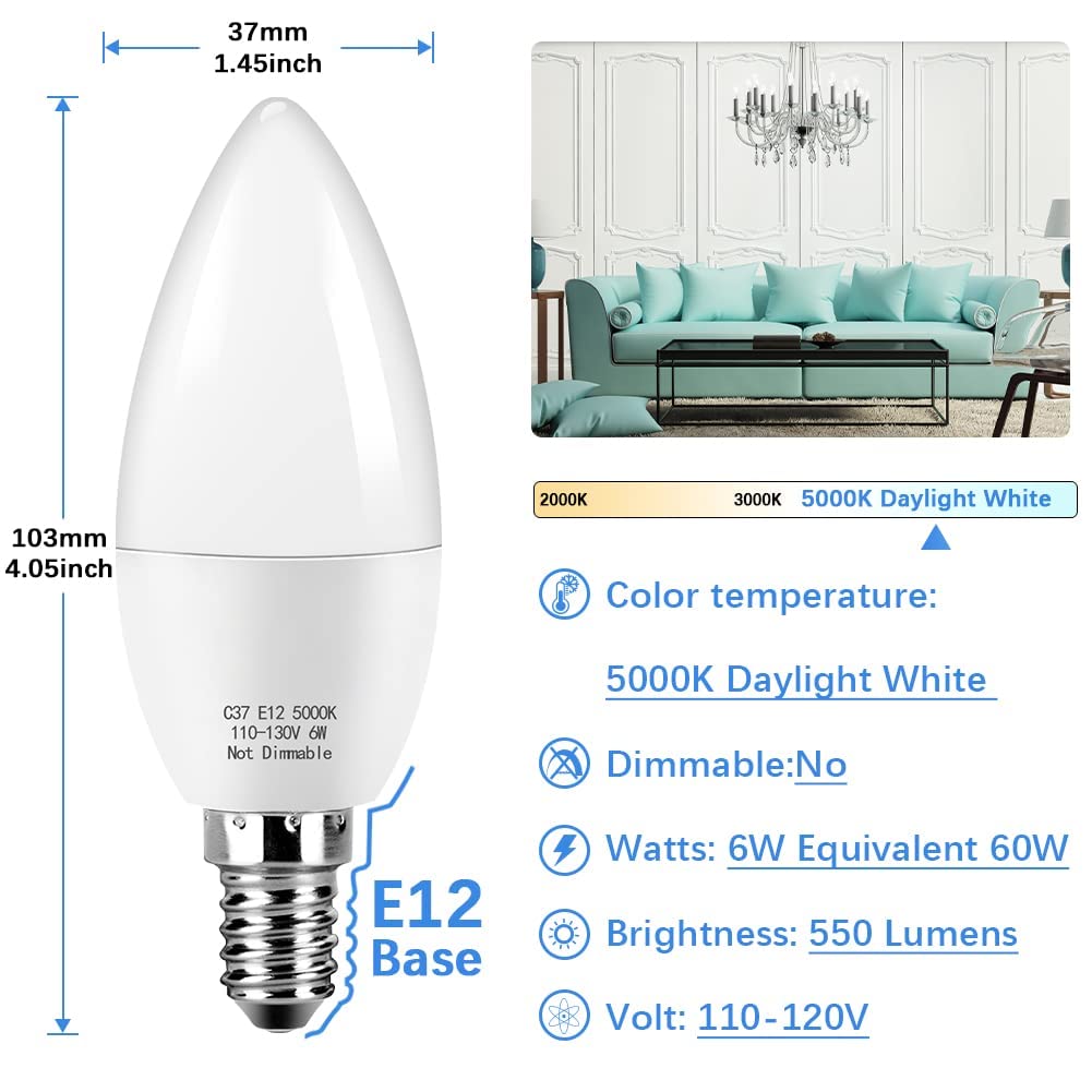 LED Light Bulbs E12 Candelabra Base, 60 Watt Equivalent Ceiling Fan Light Bulbs Chandelier Bulbs Daylight White 5000K, Non-Dimmable, 12-Pack