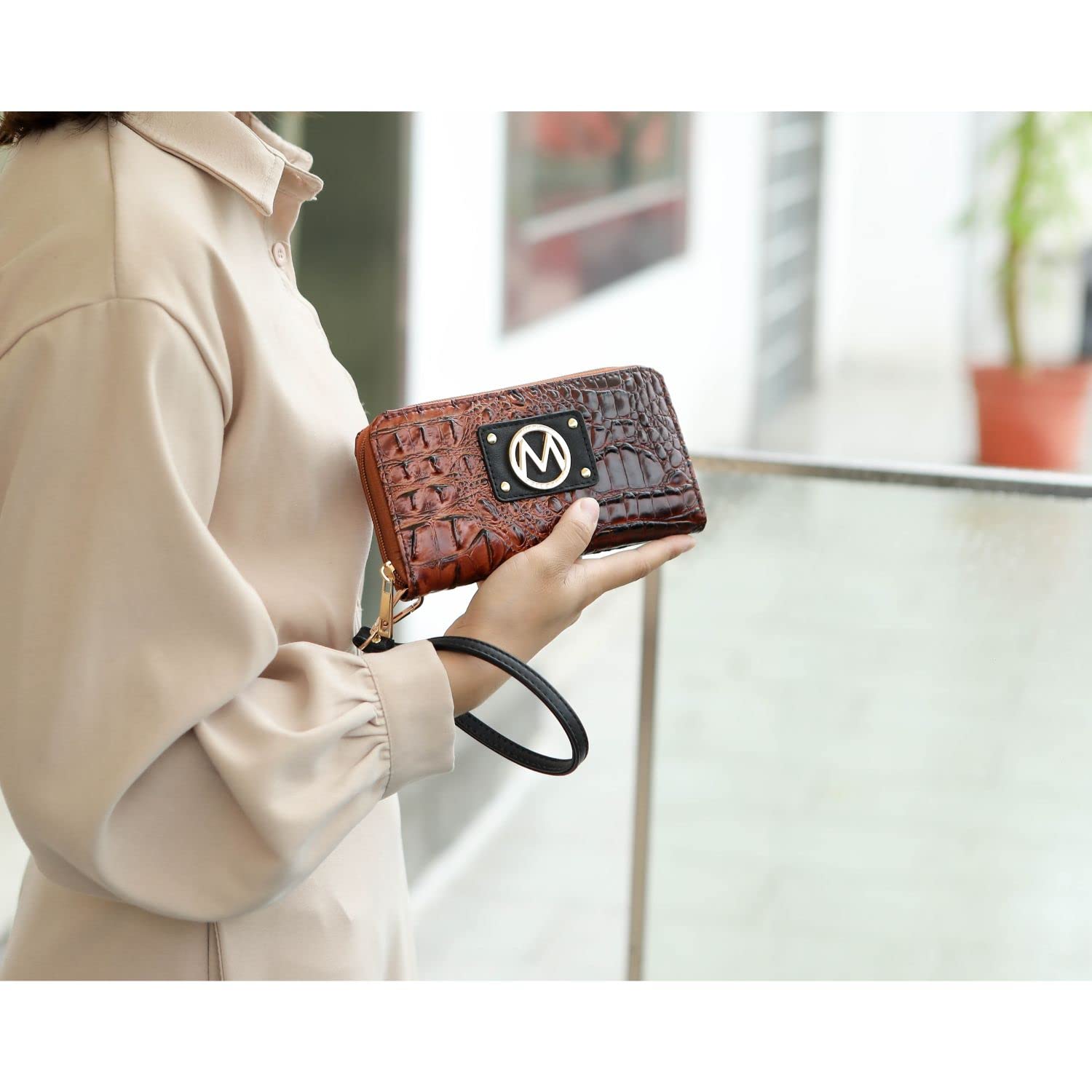 MKF satchel bags for women, Featuring a faux crocodile-embossed finish crossover handbag, shoulder side messenger bag Beige